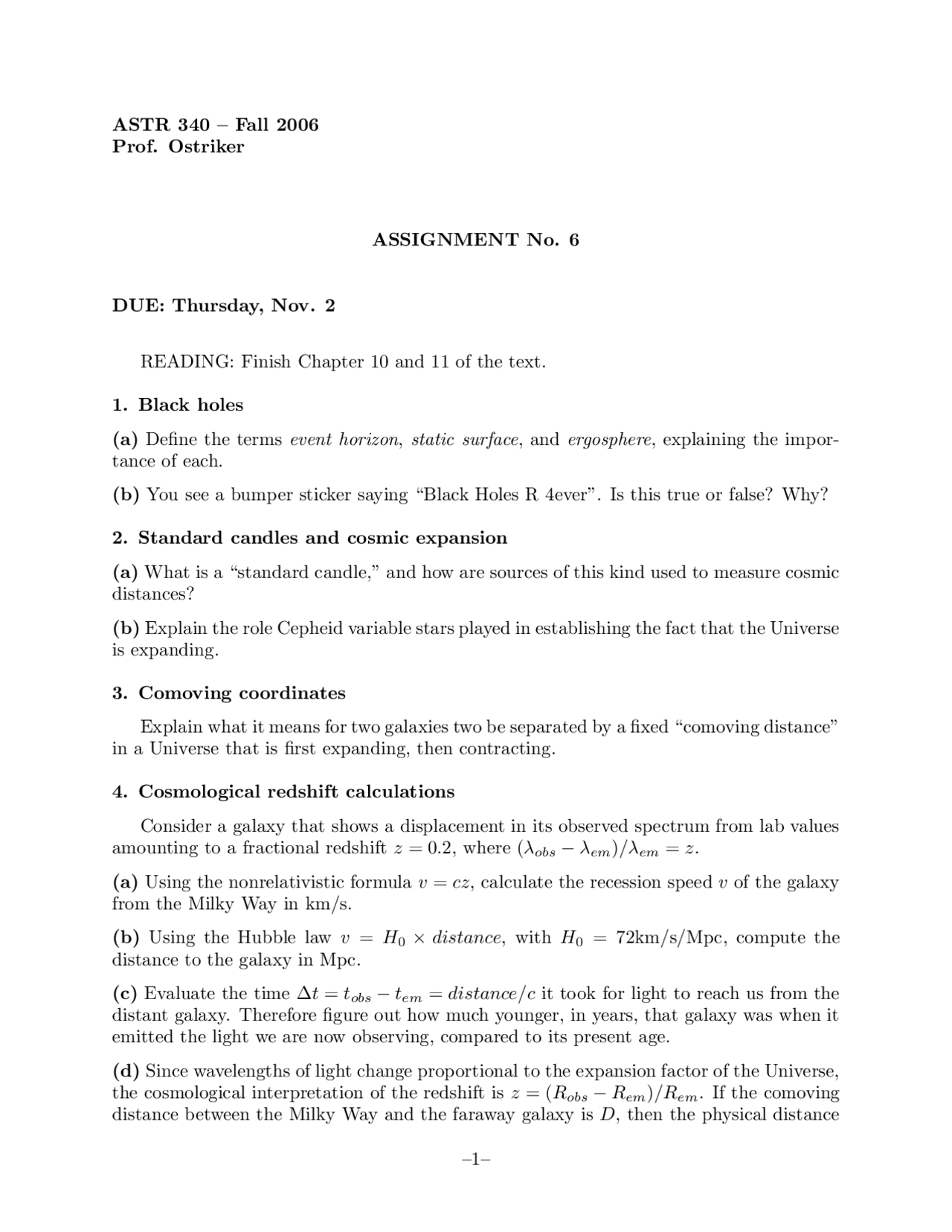 Assignment 6 Origin Of The Universe Astr 340 Docsity
