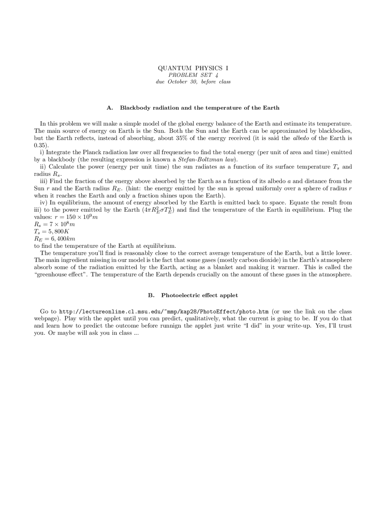 Problem Set 4 Assignment 4 Quantum Physics I Phys 401 Docsity
