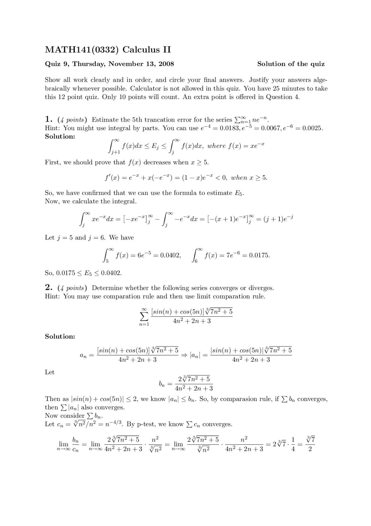 Quiz 9 With Solutions Calculus Ii Math 141 Docsity