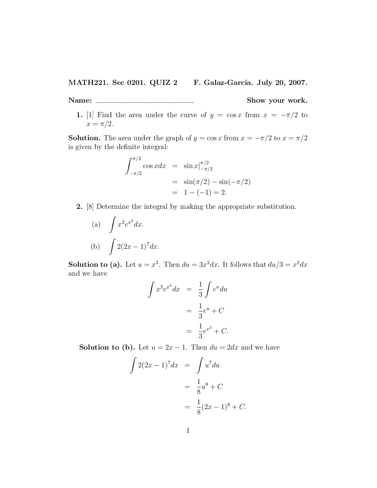 Quiz 2 with Solutions - Elementary Calculus II | MATH 221 - Docsity