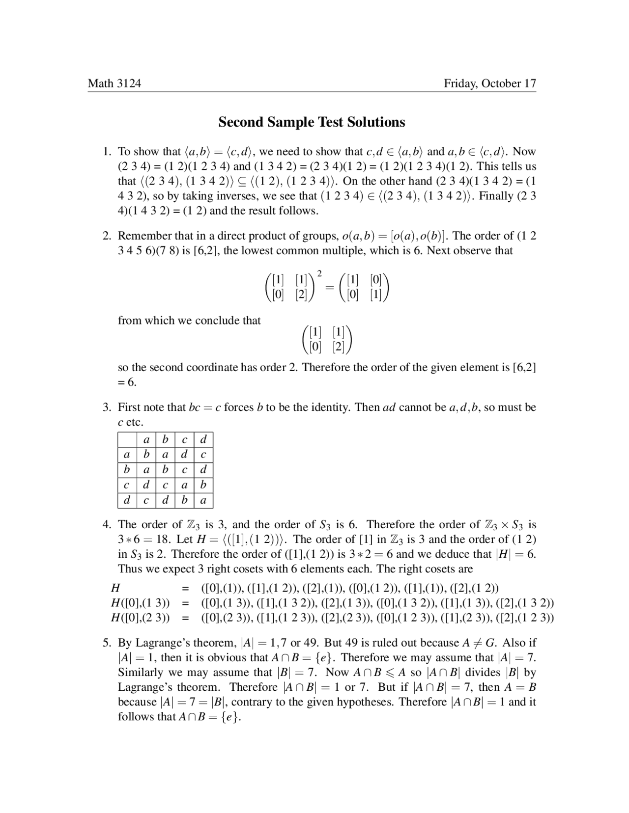 Past Exam 2 Modern Algebra Math 3124 Docsity