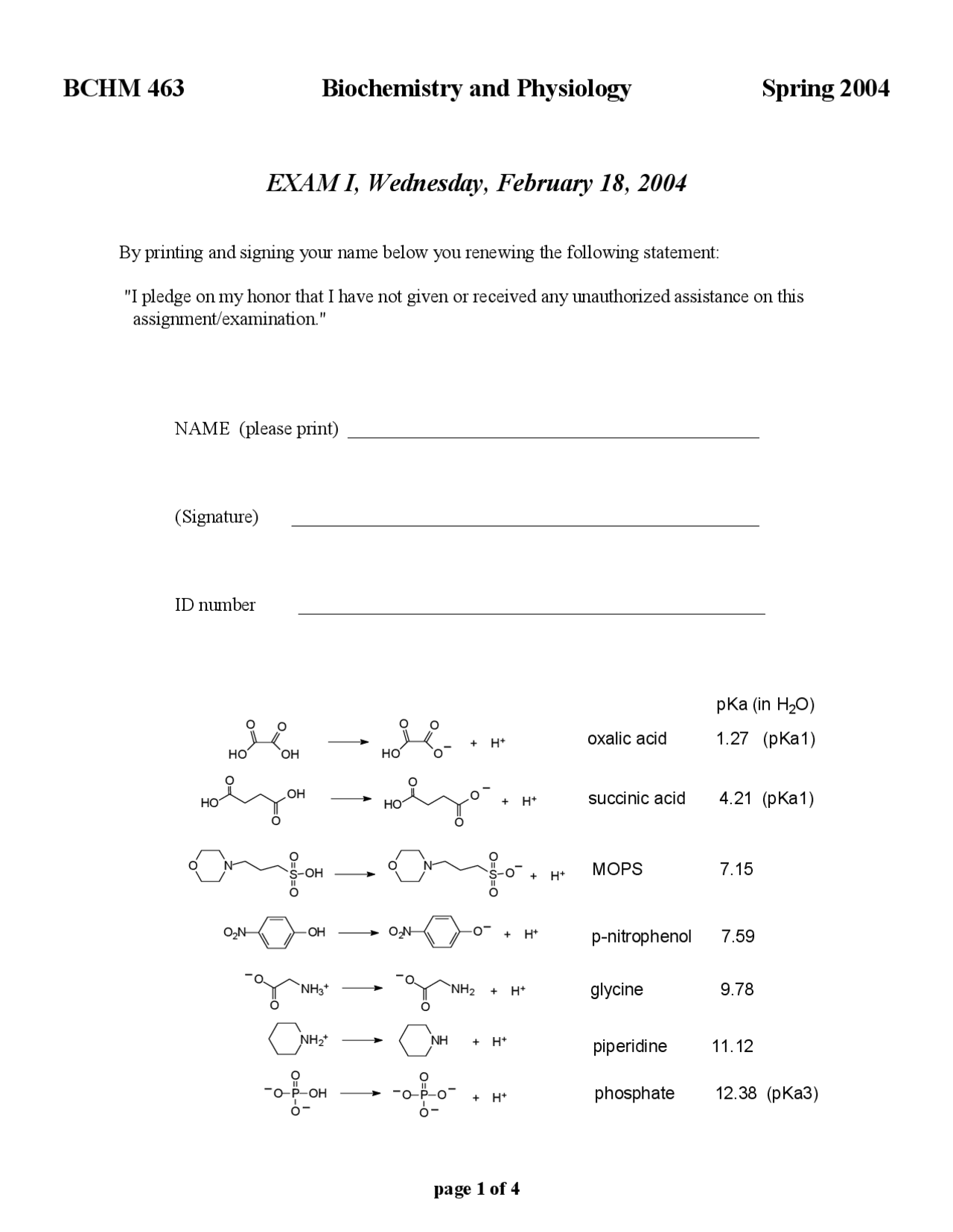 Exam 1 With 6 Questions Biochemistry And Physiology Bchm 463 Docsity