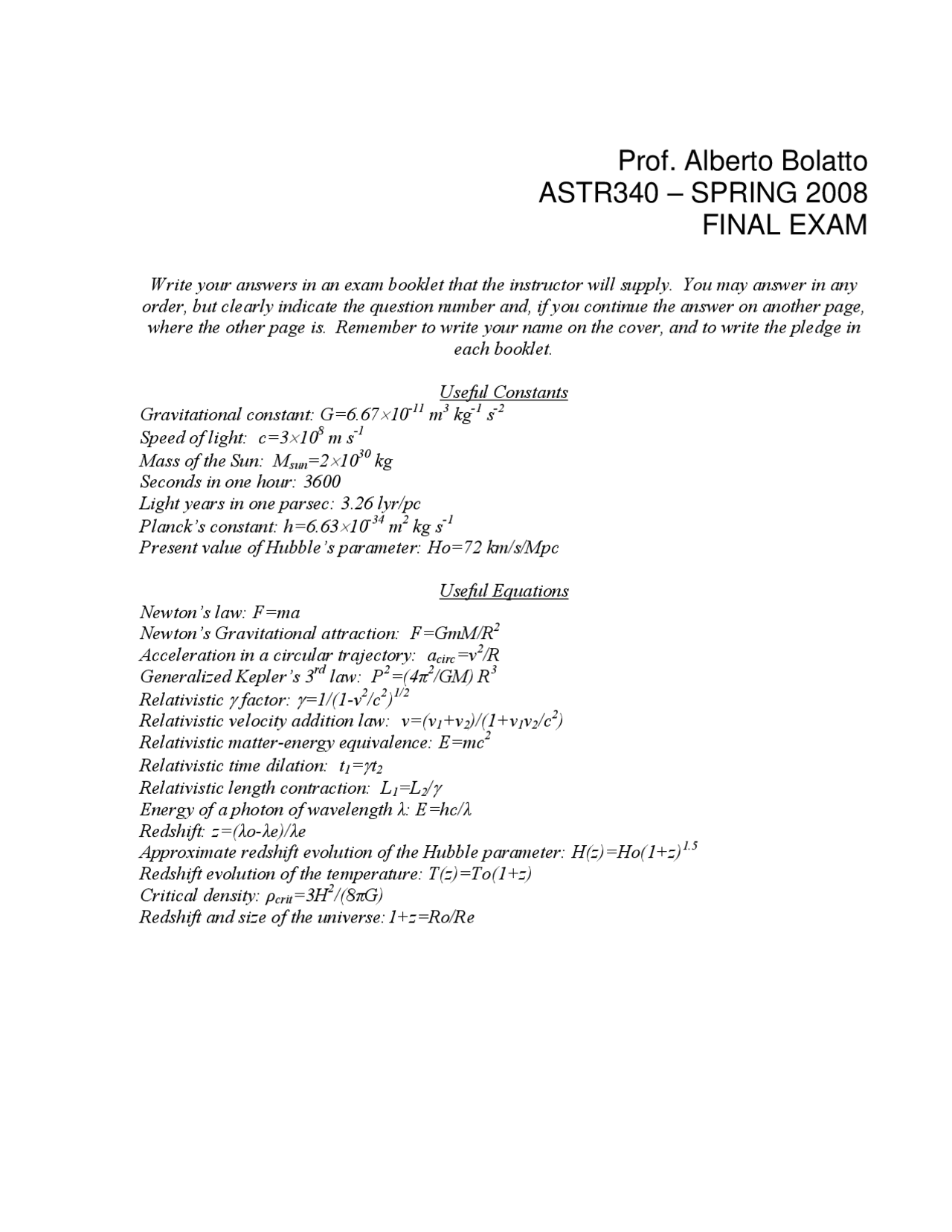 Final Exam On Origin Of Universe Astr 340 Docsity