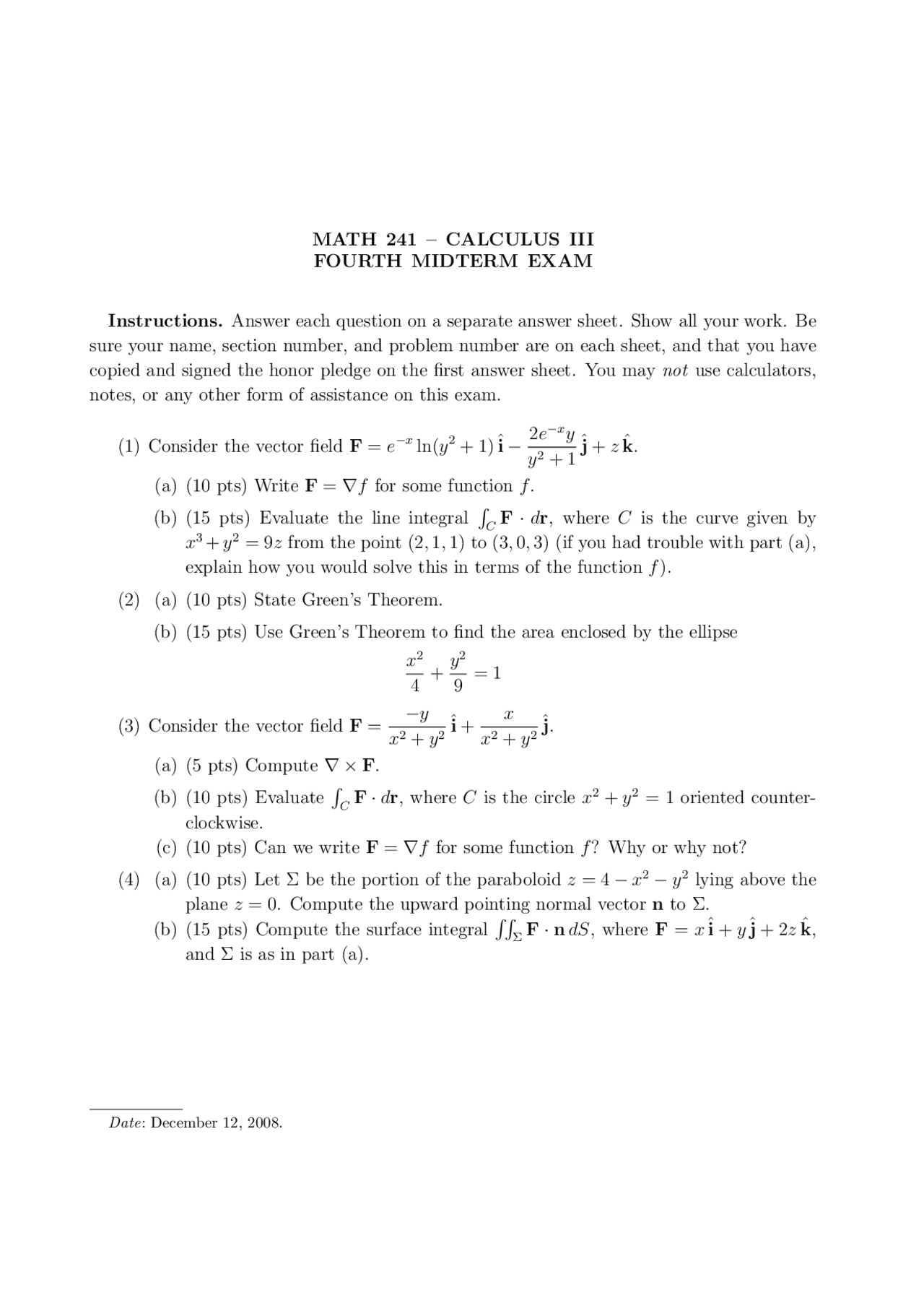 Calculus Iii Midterm Exam 4 Practice Math 241 Docsity