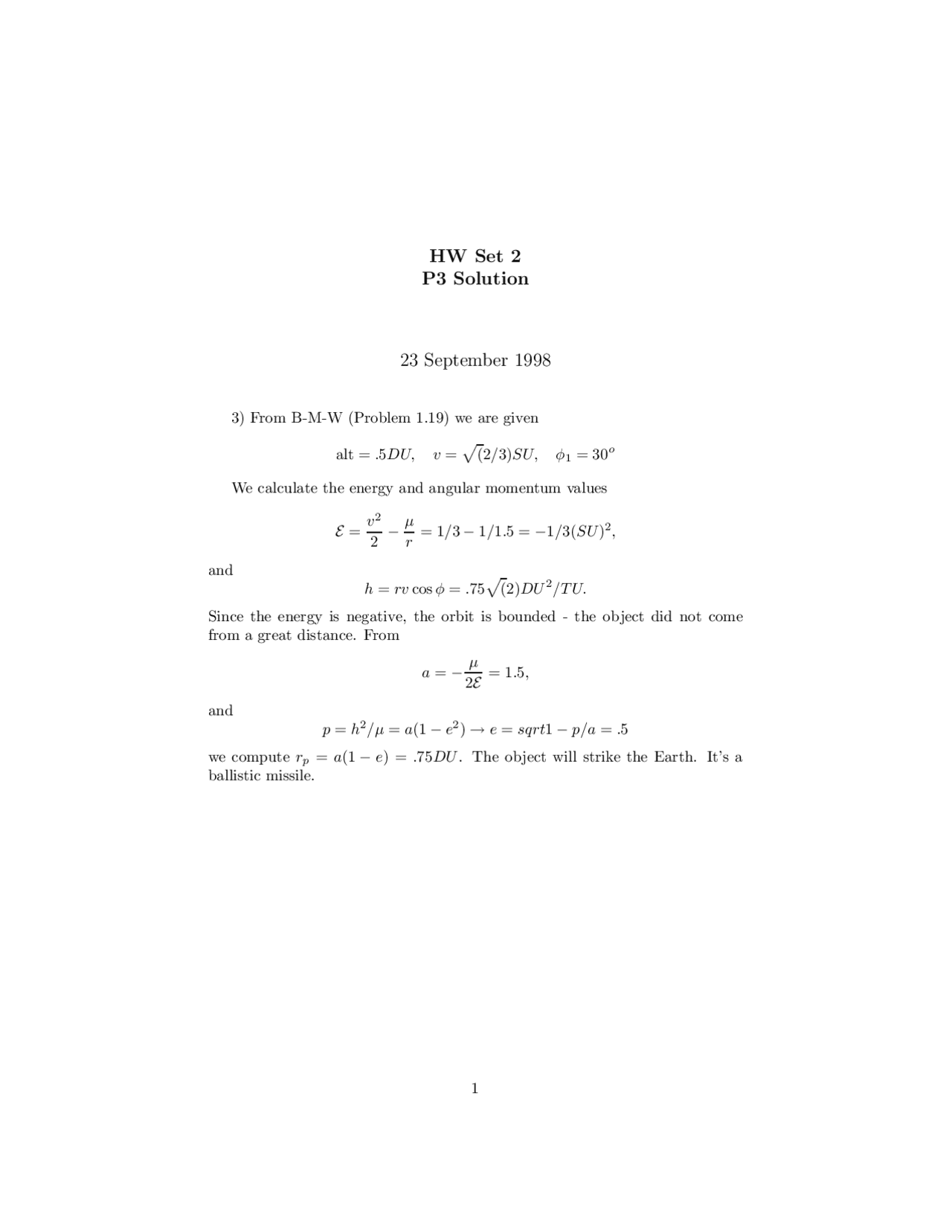 Assignment 2 with Solution - Astromechanics | AOE 4134 - Docsity