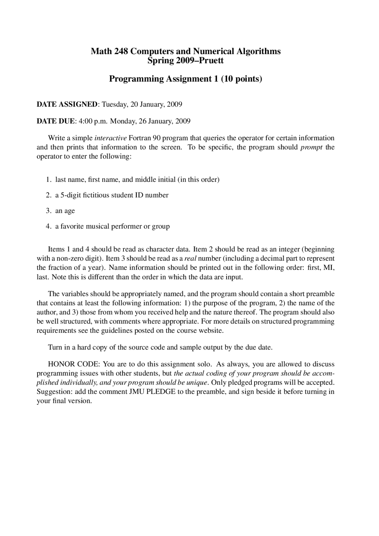 Programming Assignment I For Computer And Numerical Algorithms Math 248 Docsity