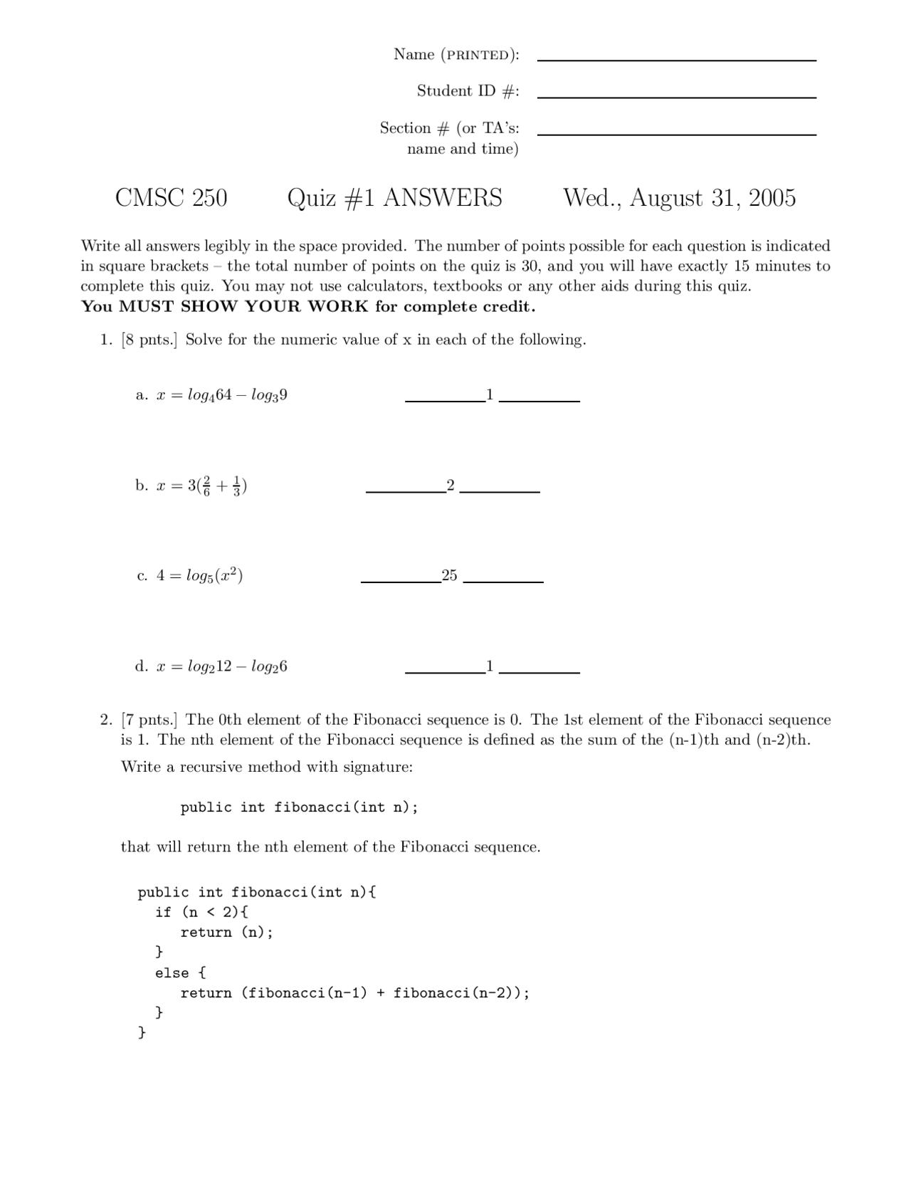 Quiz 1 With Answers Discrete Structures 2005 Cmsc 250 Docsity
