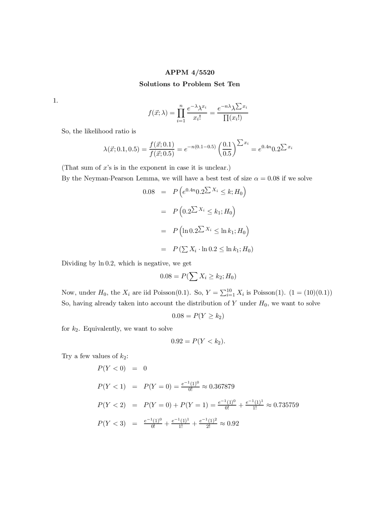Solutions To Problem Set 10 Introduction To Mathematical Statistics Appm 4520 Docsity