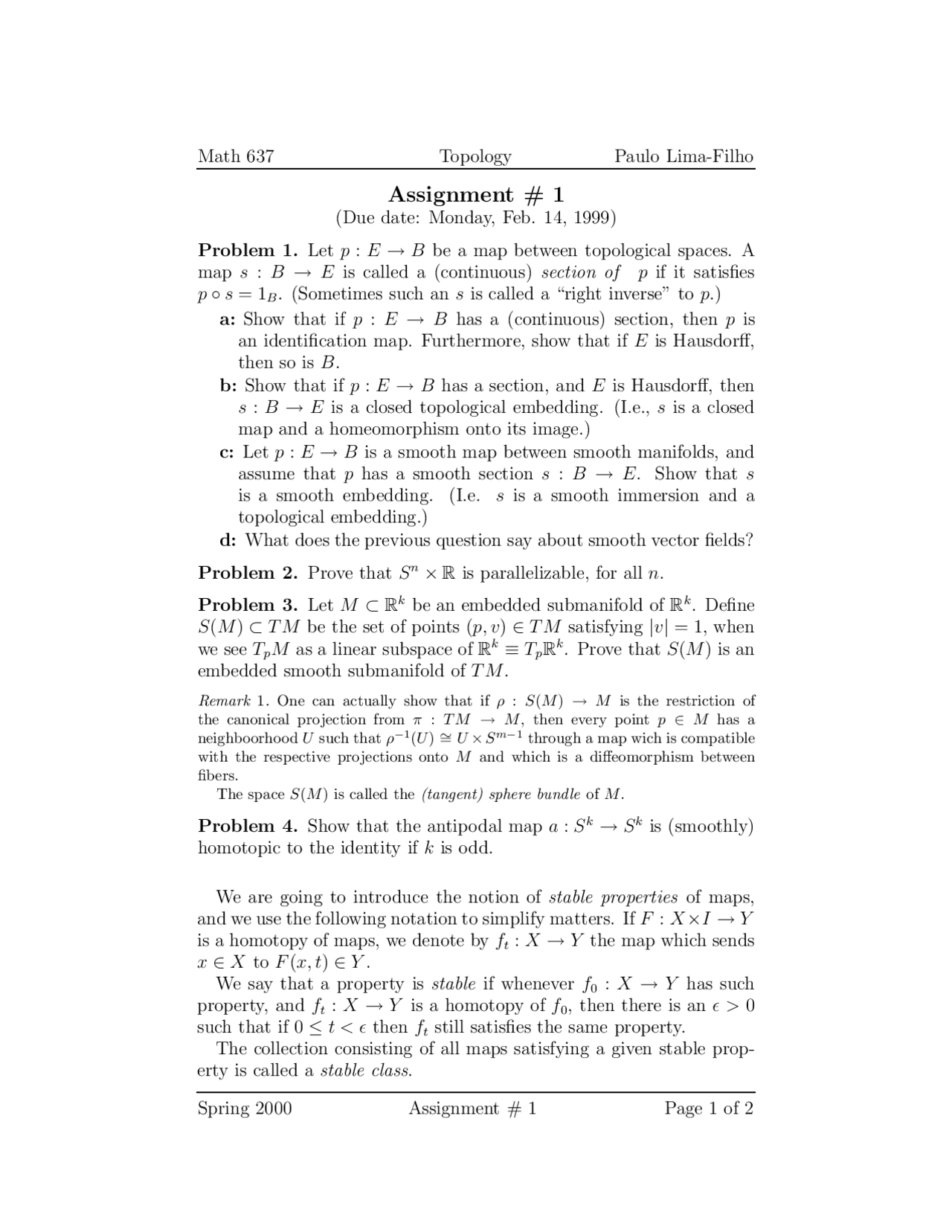 Problems To Assignment 1 Topology Ii Math 637 Docsity