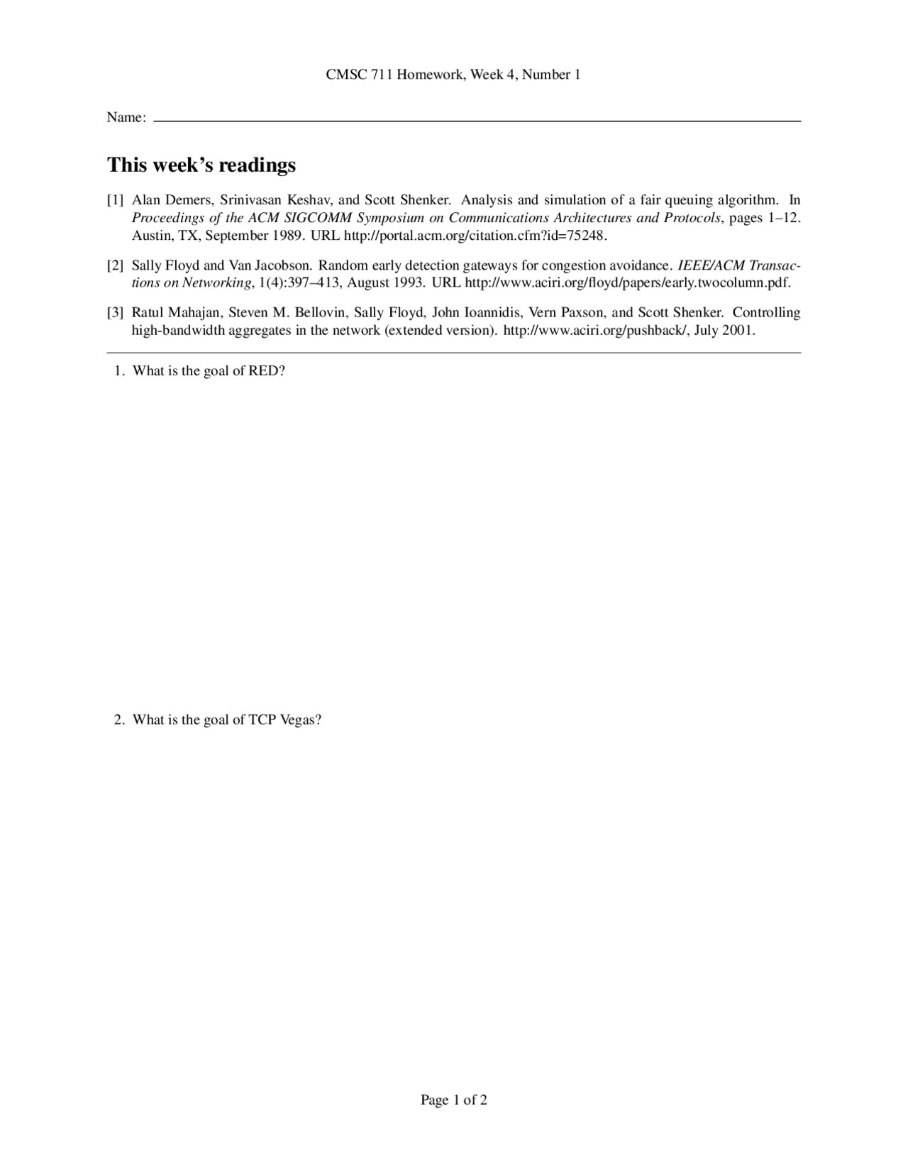 Goal Of Red Assignment Questions Computer Networks Cmsc 711 Docsity