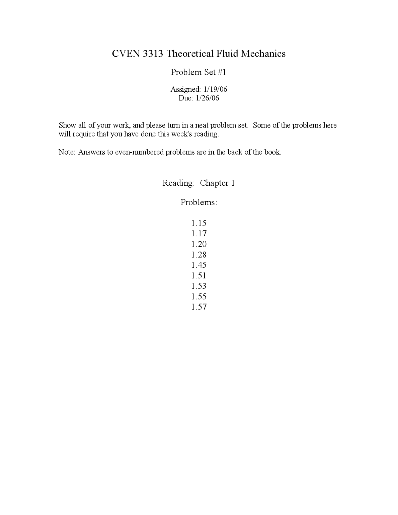 Theoretical Fluid Mechanics - Problem Set 1 | CVEN 3313 - Docsity