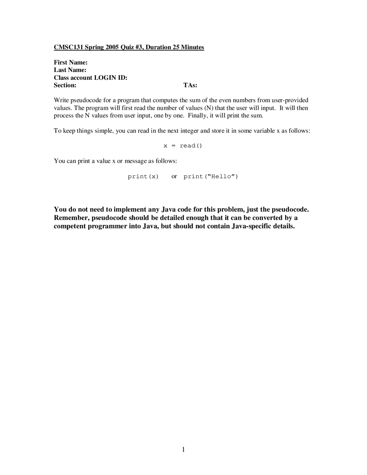 Quiz 3 Object Oriented Programming I Spring 2005 Cmsc 131 Docsity 8653