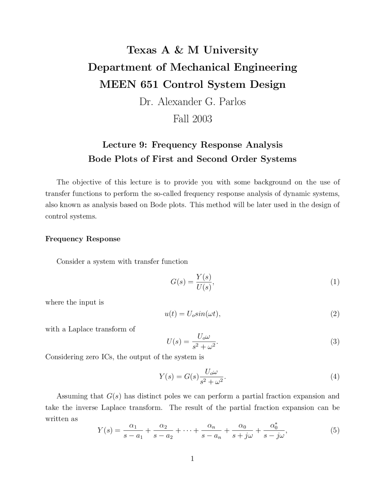Frequency Response Analysis Control Systems Design Meen 651 Docsity