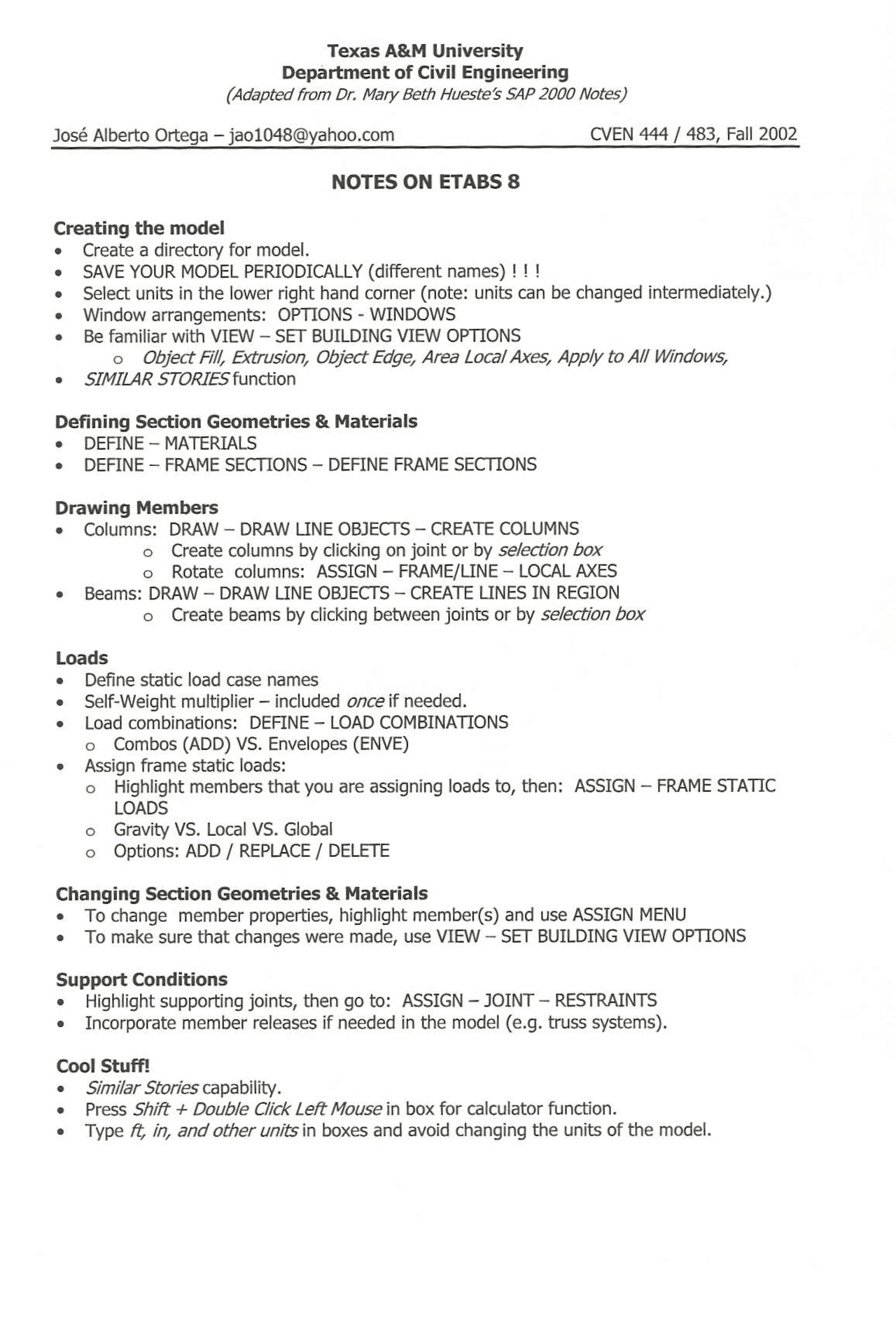 Notes On Etabs Structural Concrete Design Cven 444 Docsity