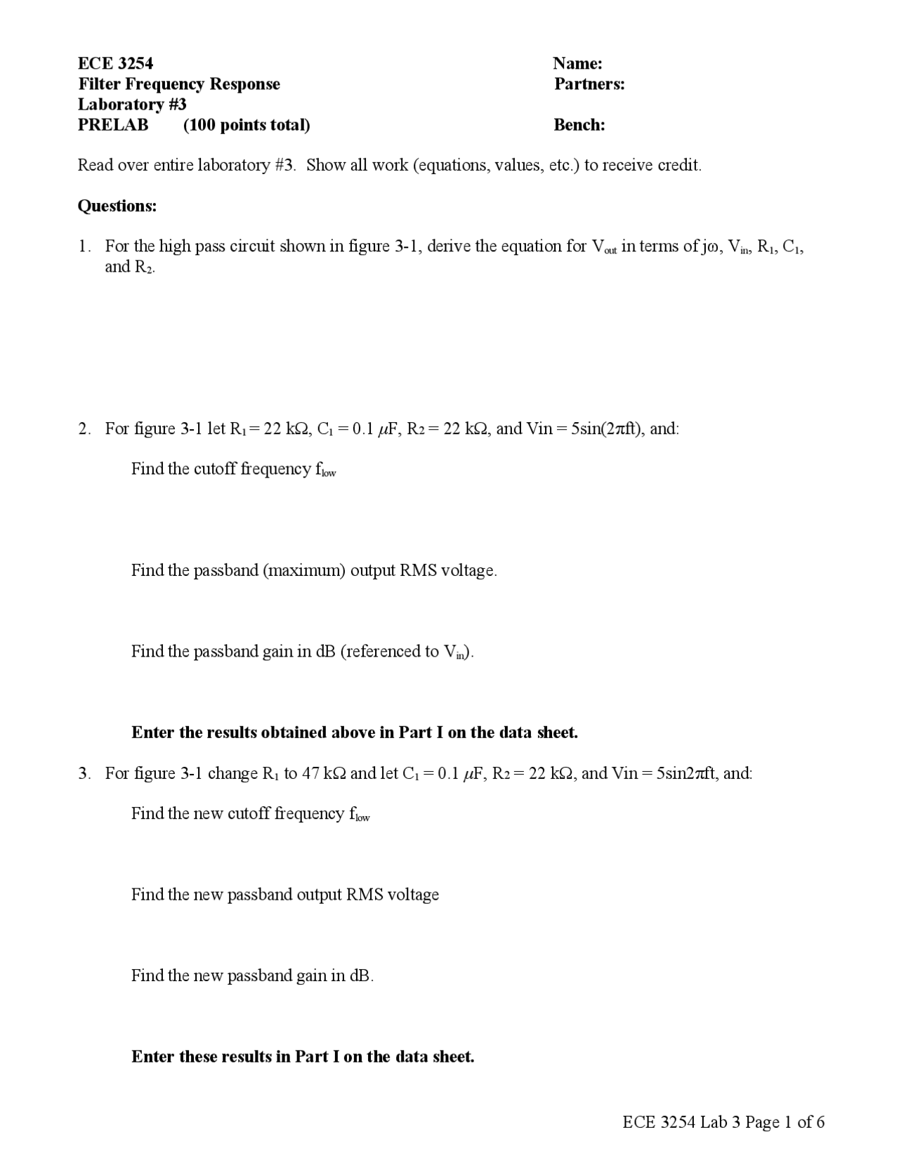 Filter Frequency Response Industrial Electronics Lab 3 Ece 3254