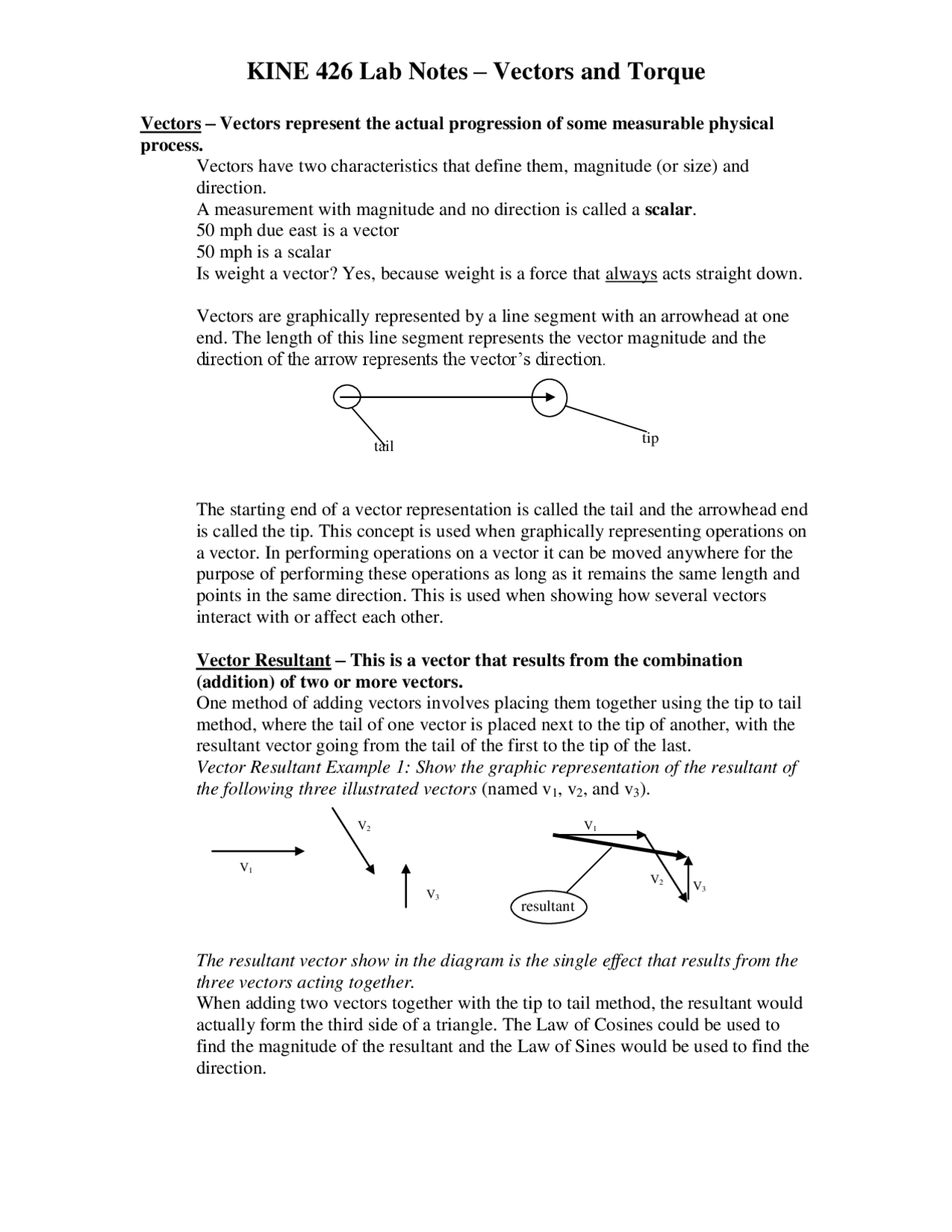 Lab Notes - Vectors and Torque - Exercise Biomechanics | KINE 426 - Docsity