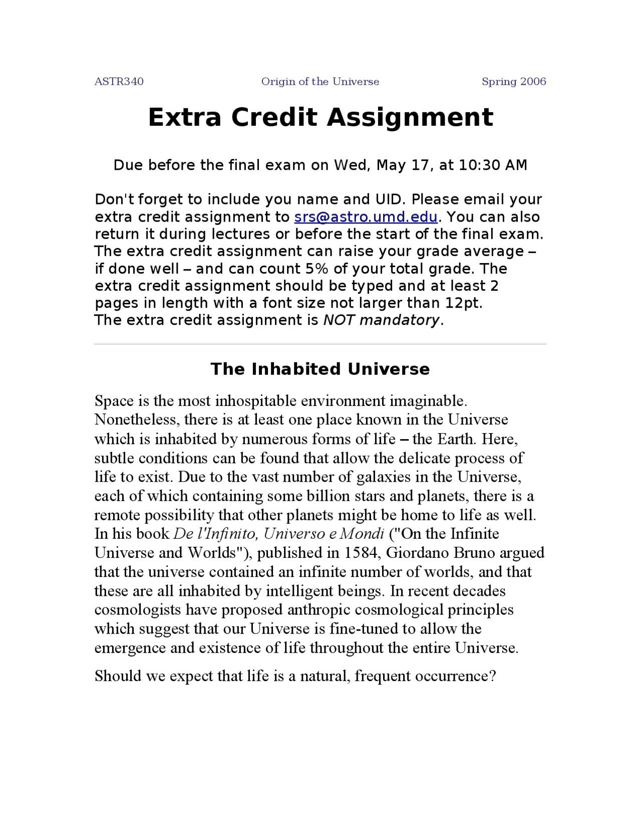 The Inhabited Universe Assignment Astr 340 Docsity