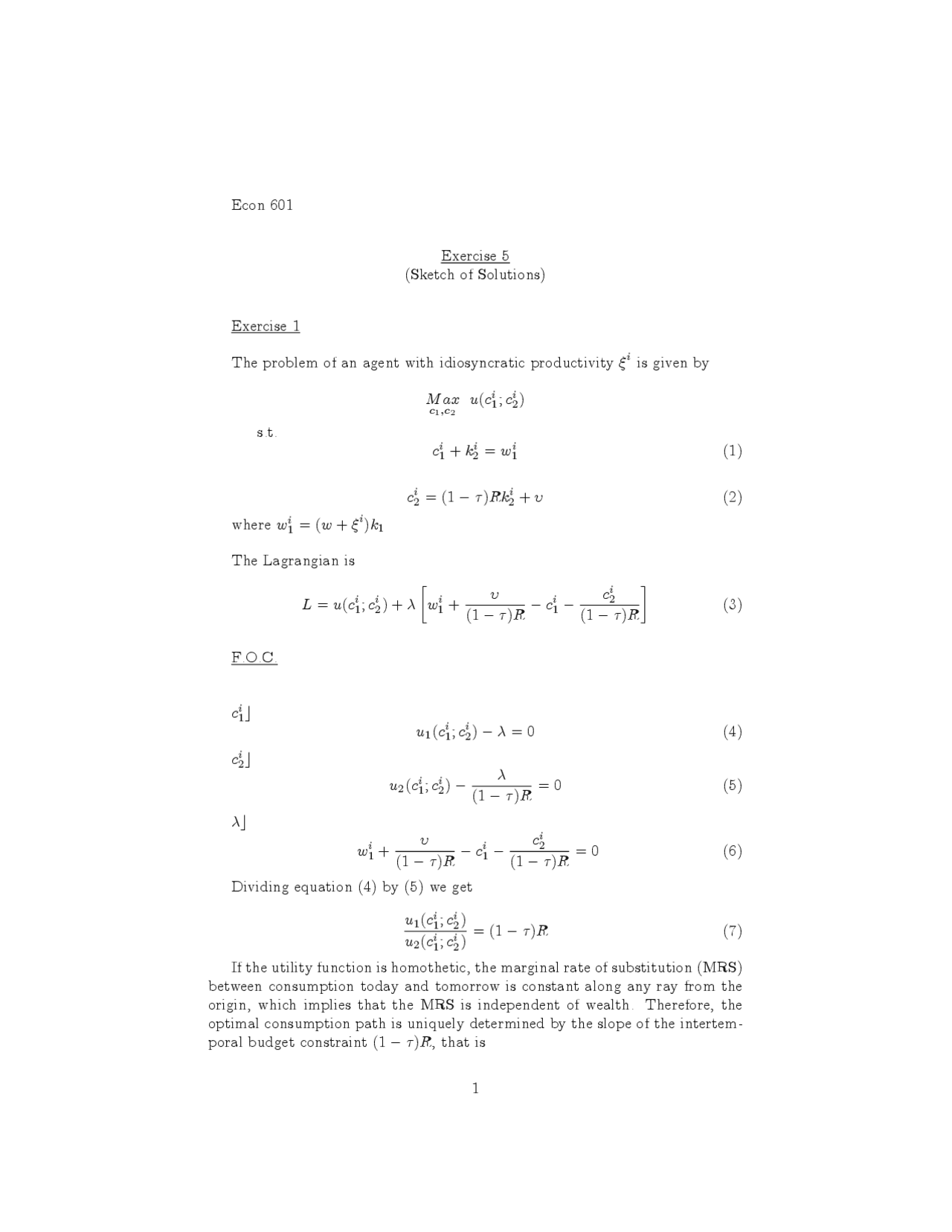Solved Exercise Number 5 Macroeconomics Analysis I Econ 601 Docsity