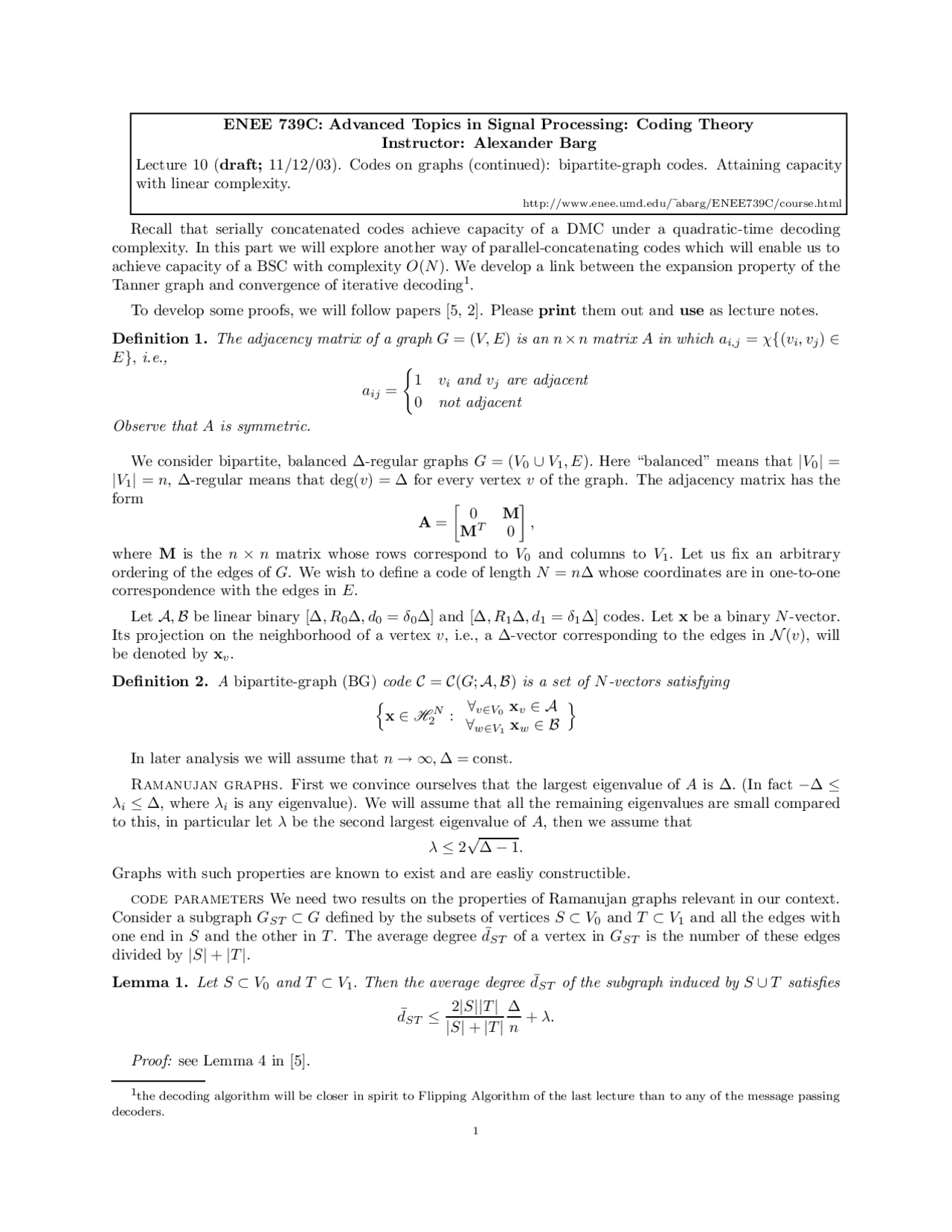 Codes On Graphs Attaining Capacity With Linear Complexity Enee 739 Docsity