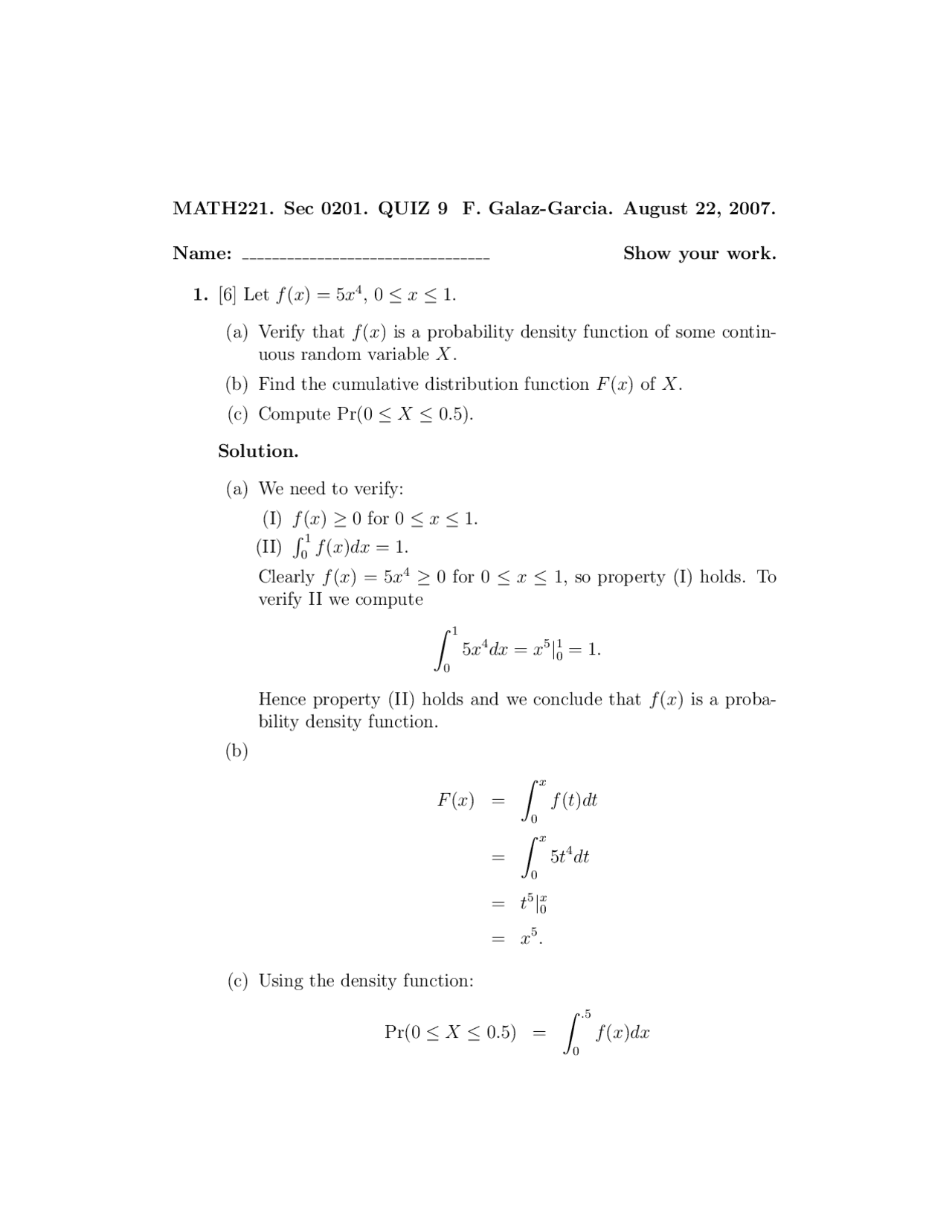 Solved Quiz 9 for Elementary Calculus II | MATH 221 - Docsity