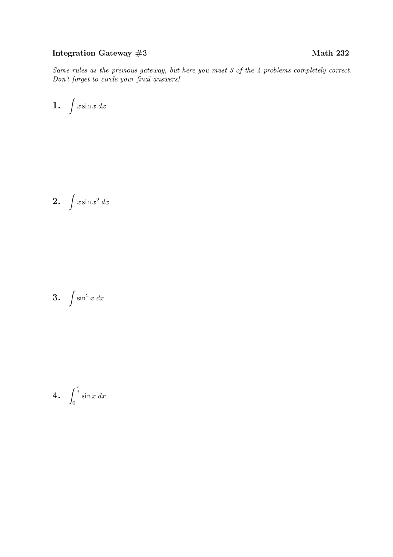 Calculus With Functions Ii Integration Gateway 3 Math 232 Docsity