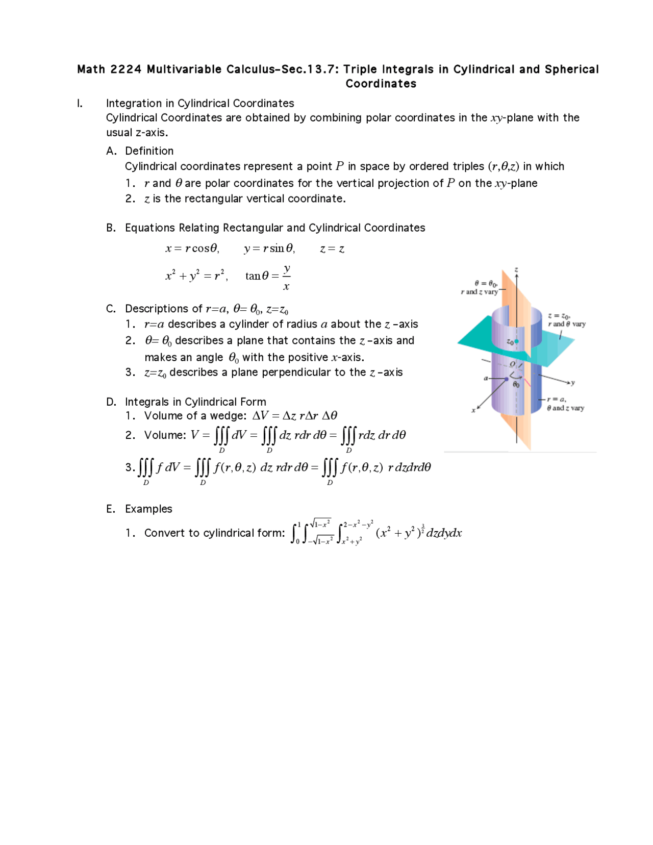 Triple Integrals In Cylindrical And Spherical Coordinates Notes Math 2224 Docsity