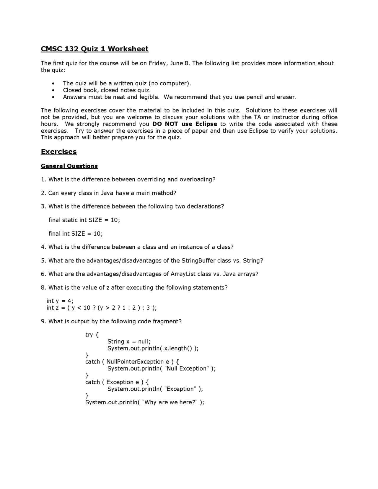 Quiz 1 Worksheet Object Oriented Programming Ii Cmsc 132 Docsity 5784
