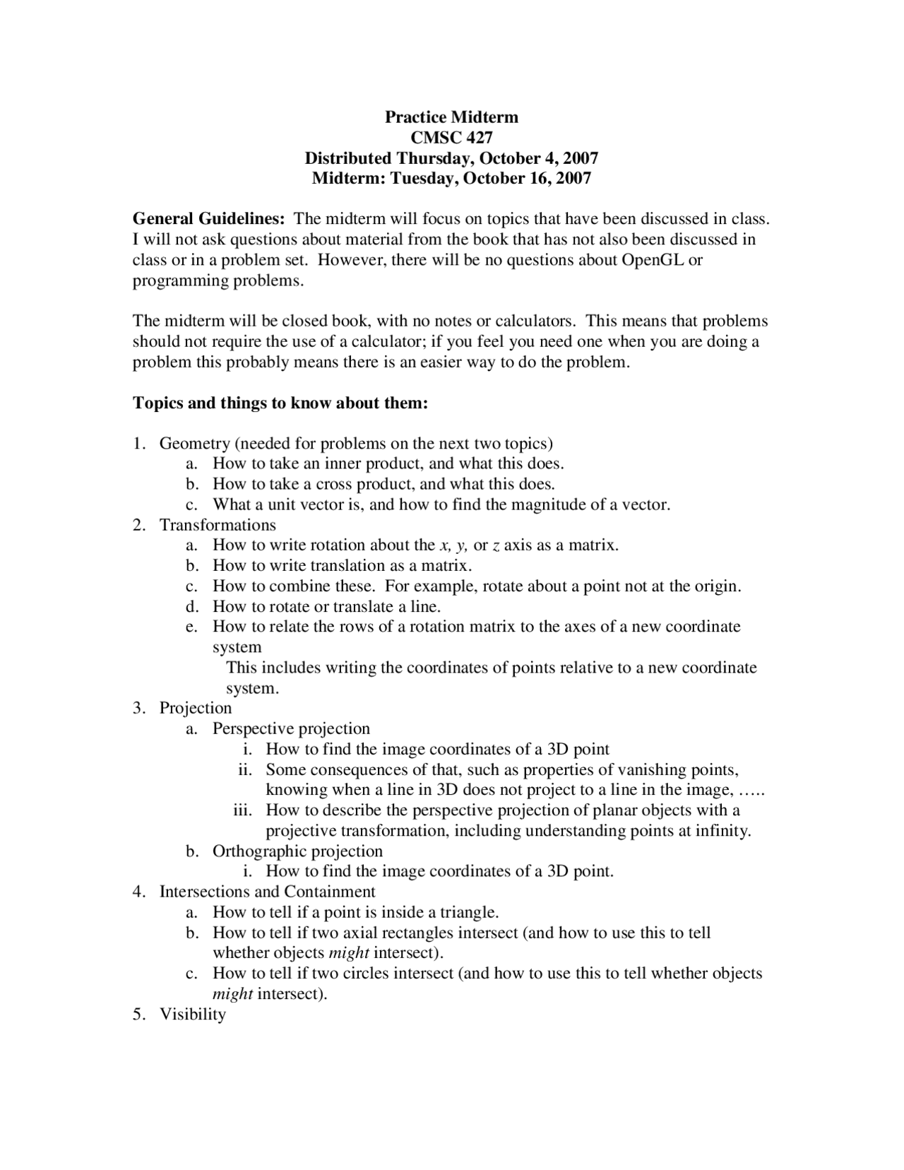 Practice Midterm Exam For Computer Graphics Cmsc 427 Docsity