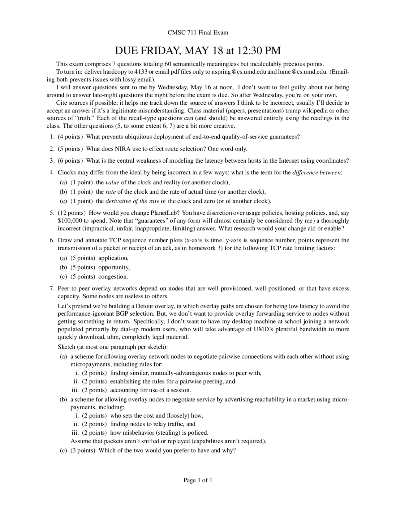 Cmsc 711 Final Exam Instructions And Questions Prof Neil Spring Exams Computer Systems