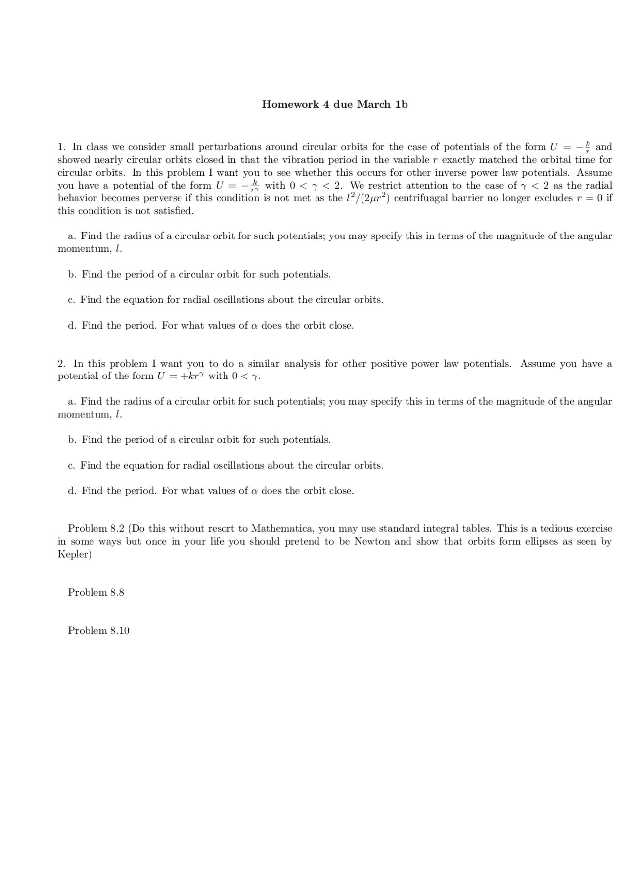 Practice Homework 4 - Classical Mechanics | PHYS 410 - Docsity