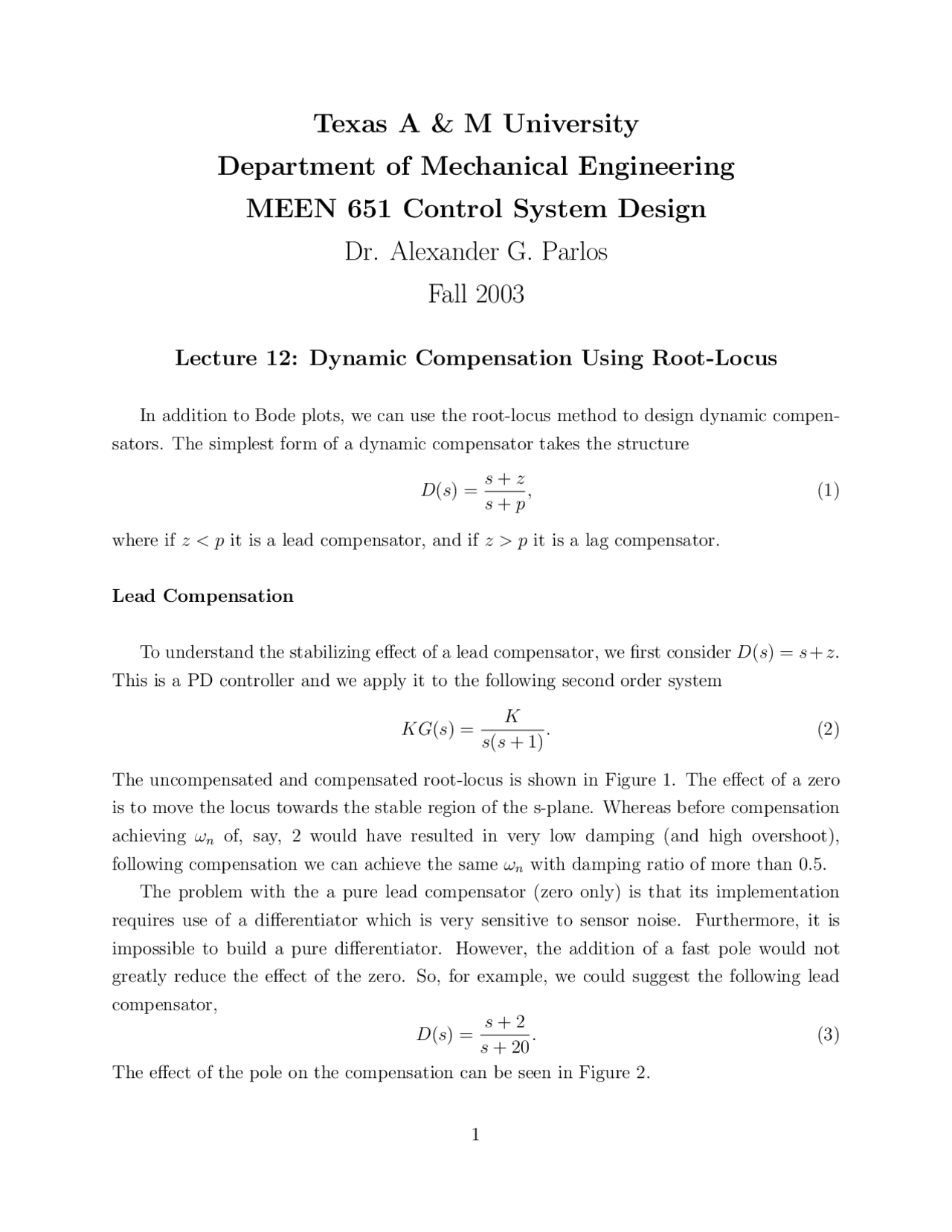 Dynamics Composition Using Root Locus Control System Design Meen