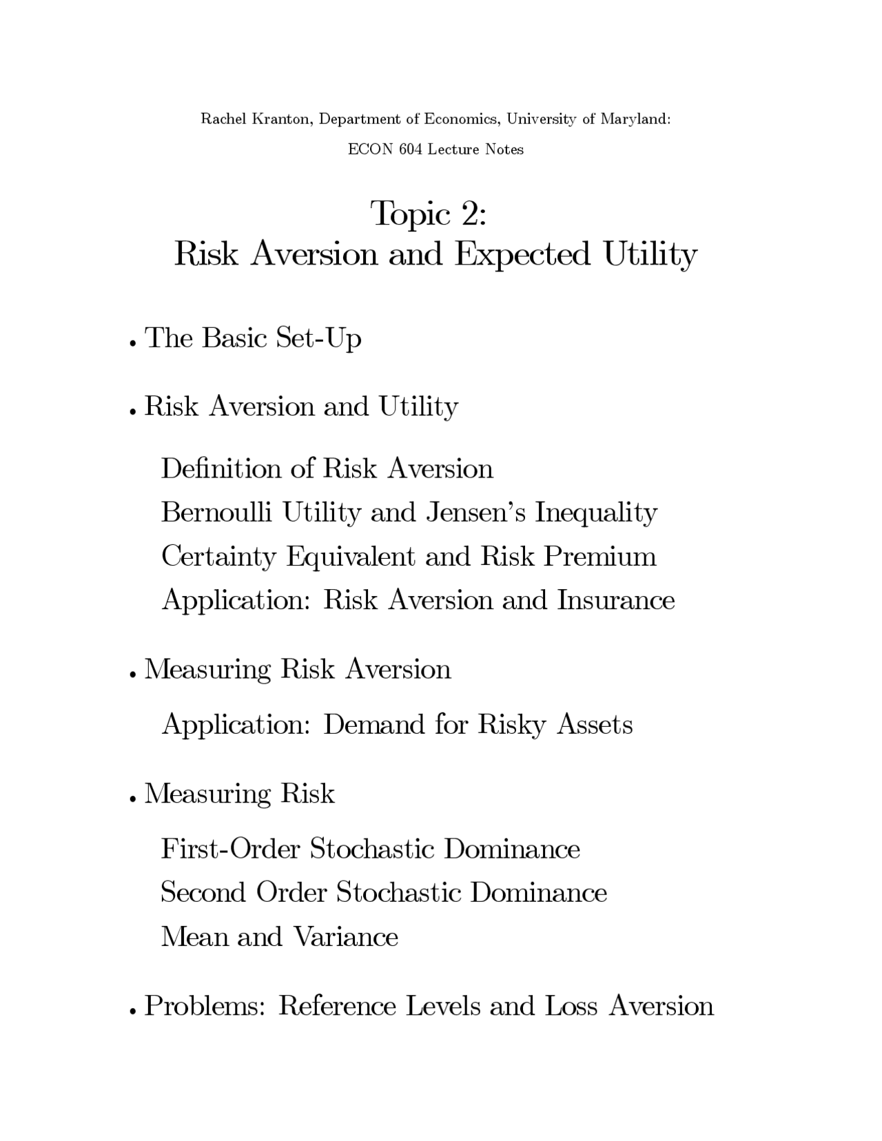 Risk Aversion and Expected Utility - Lecture Notes | ECON 604 | Study ...
