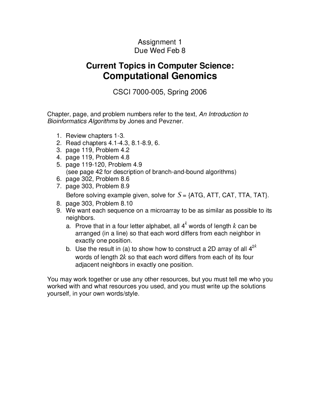 Computational Genomics Assignment 1 Problems Csci 7000 Docsity