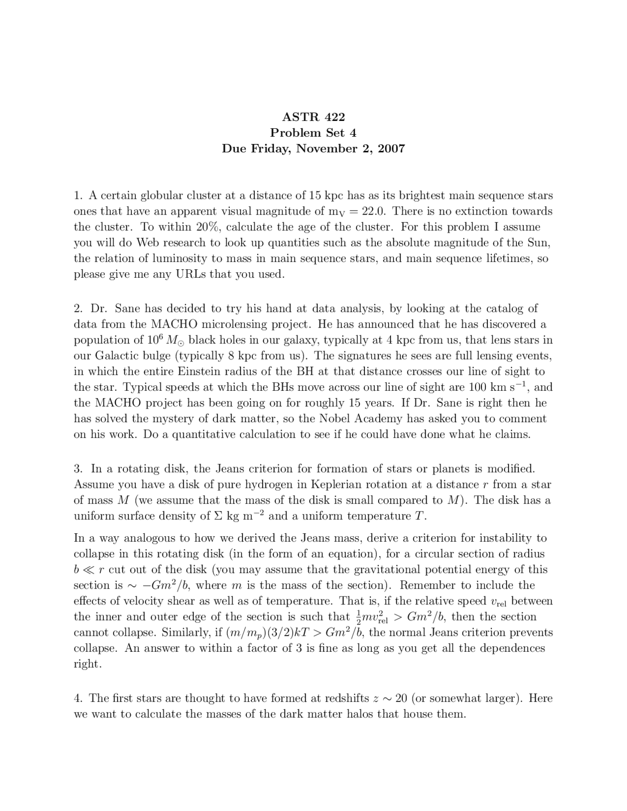 Problem Set 4 Cosmology Homework Astr 422 Docsity