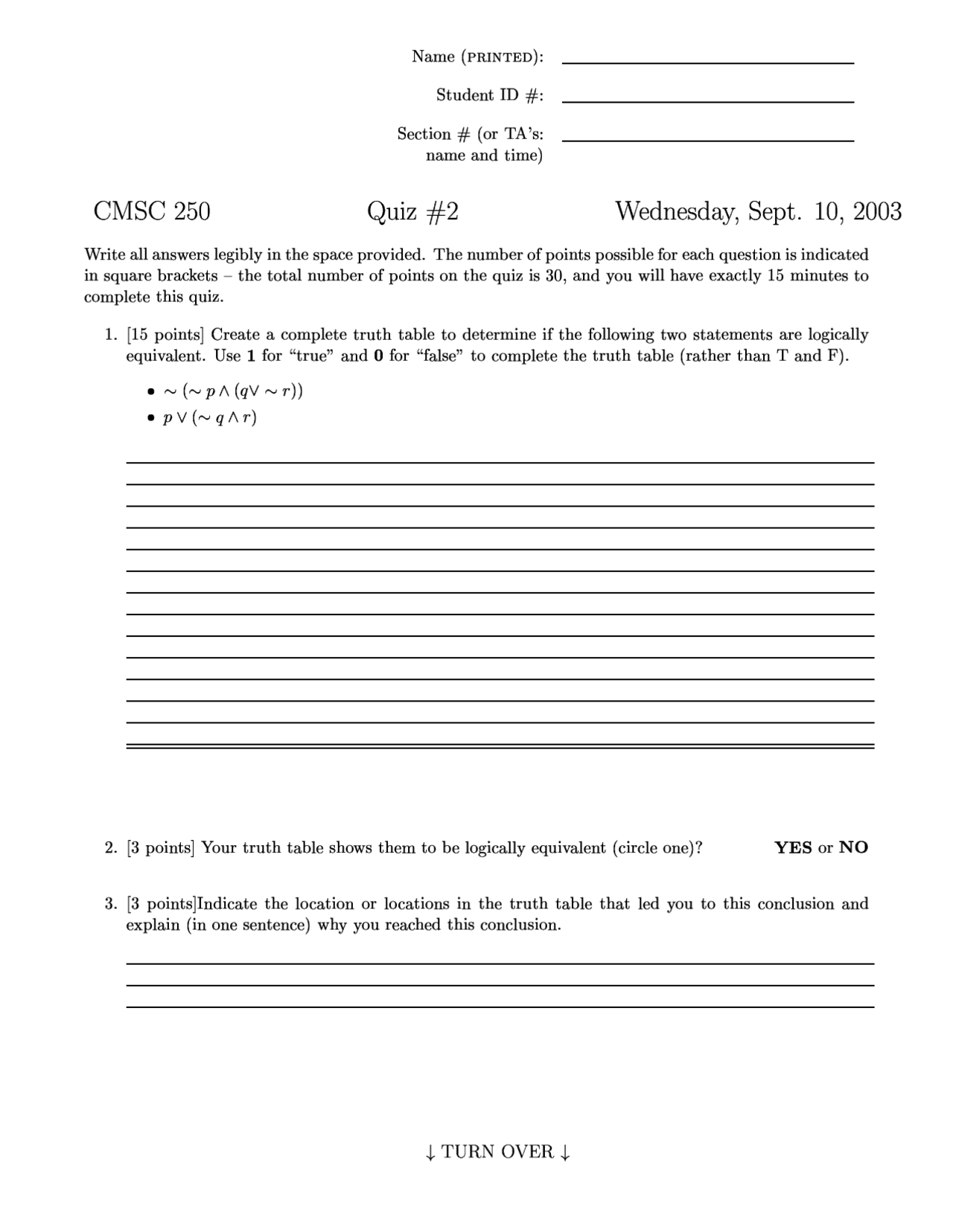 5 Problems On Discrete Structures Sample Quiz 2 Cmsc 250 Docsity