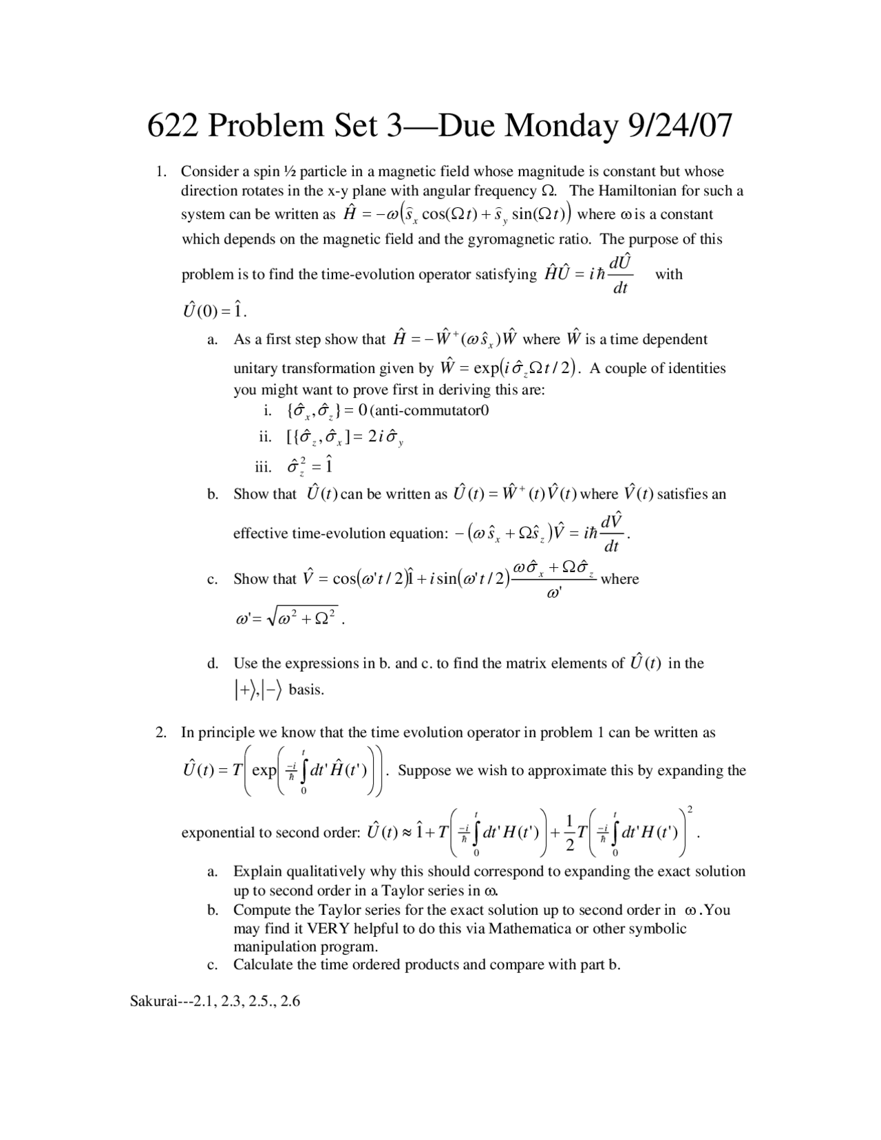 Introduction to Quantum Mechanics I - Problem Set 3 | PHYS 622 - Docsity