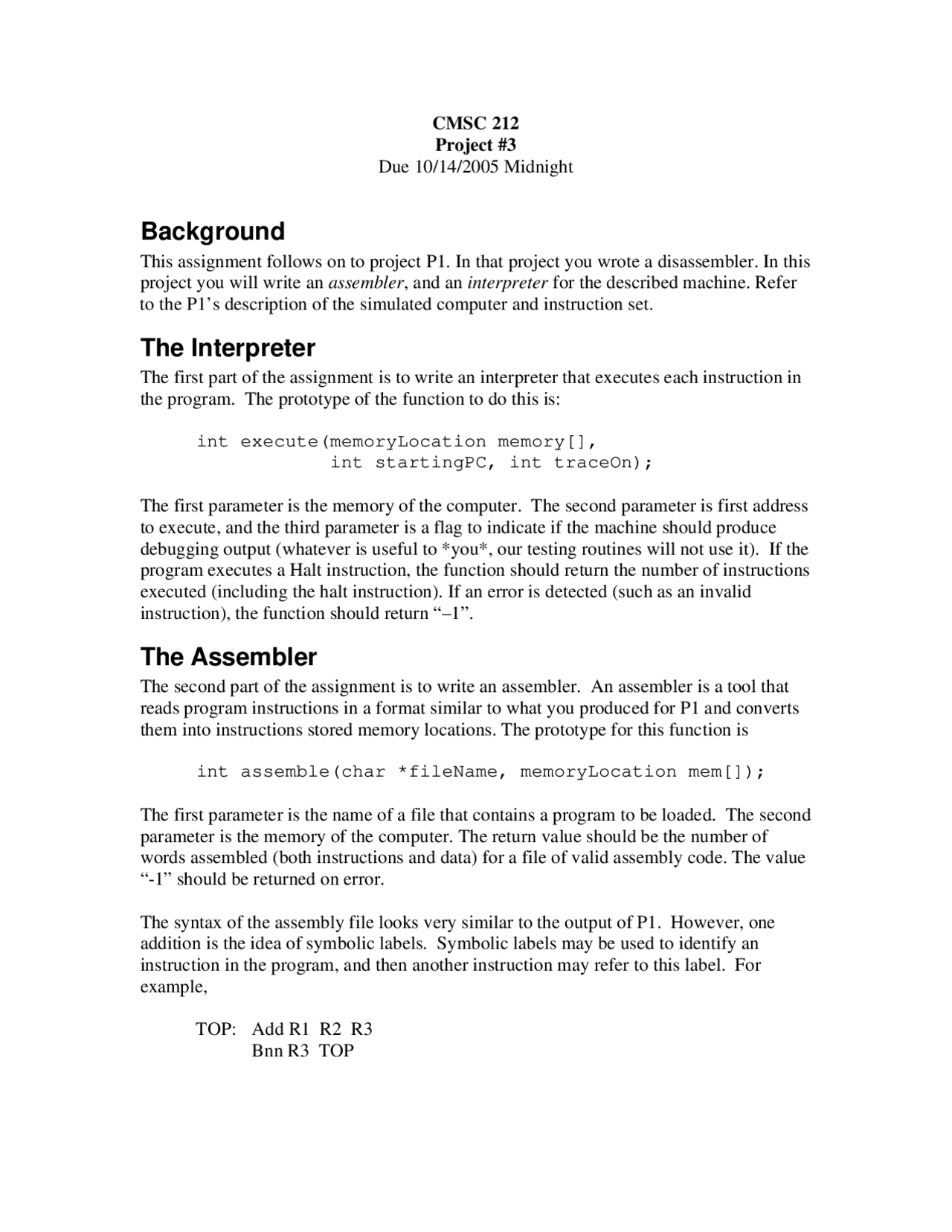The Interpreter And The Assembler Project 3 Cmsc 212 Docsity