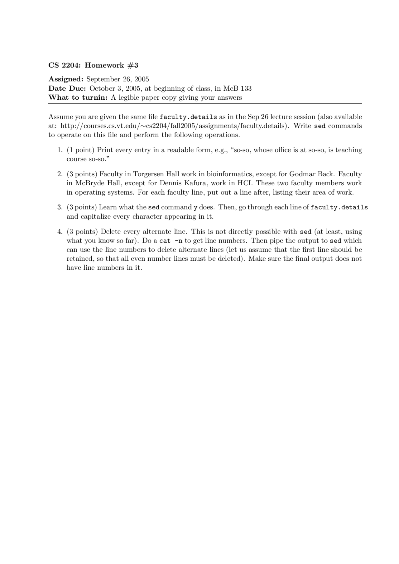 Faculty Details Assignment 3 Unix Cs 2204 Docsity