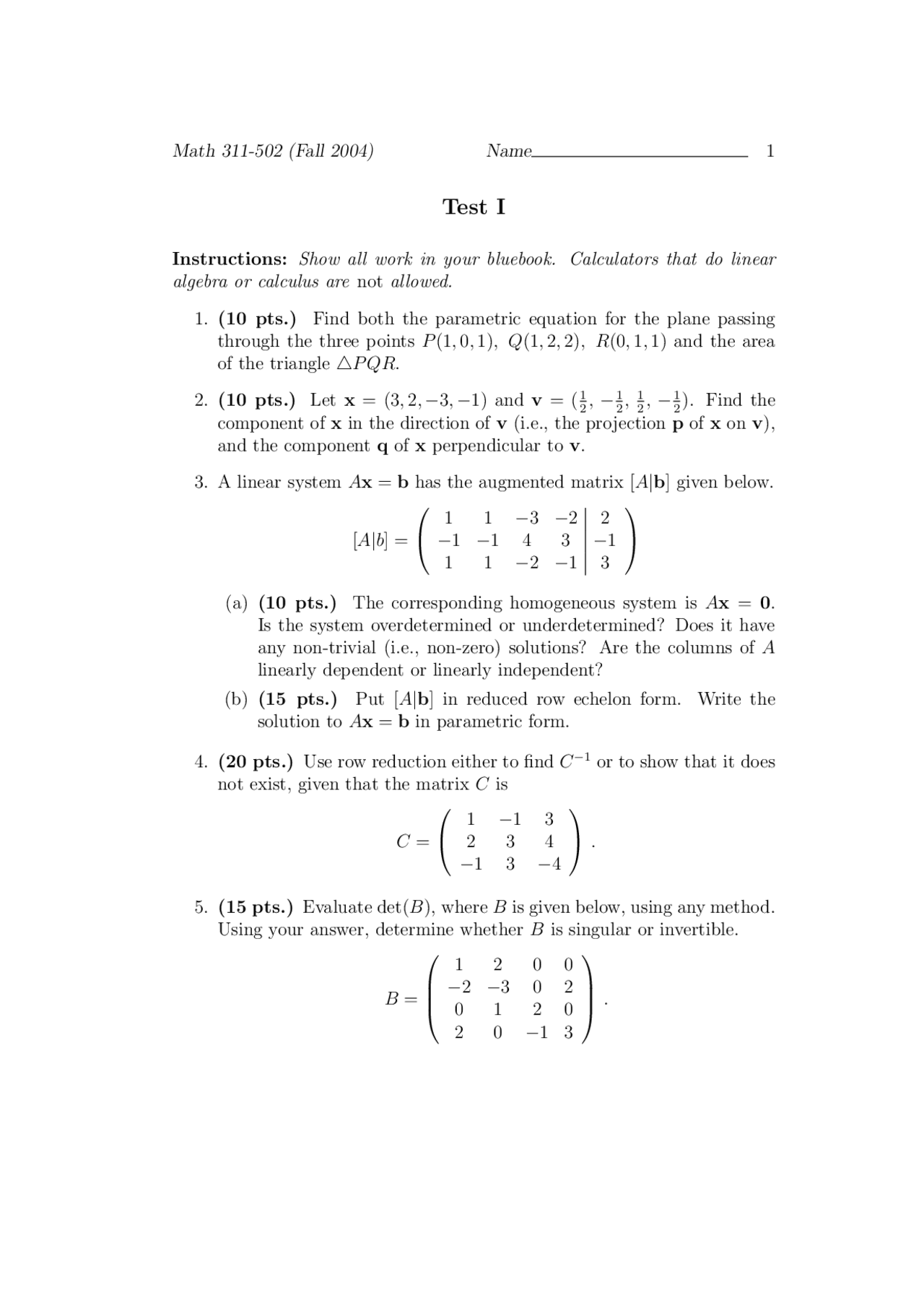 Past Test 1 Topics In Applied Mathematics I Fall 2004 Math 311