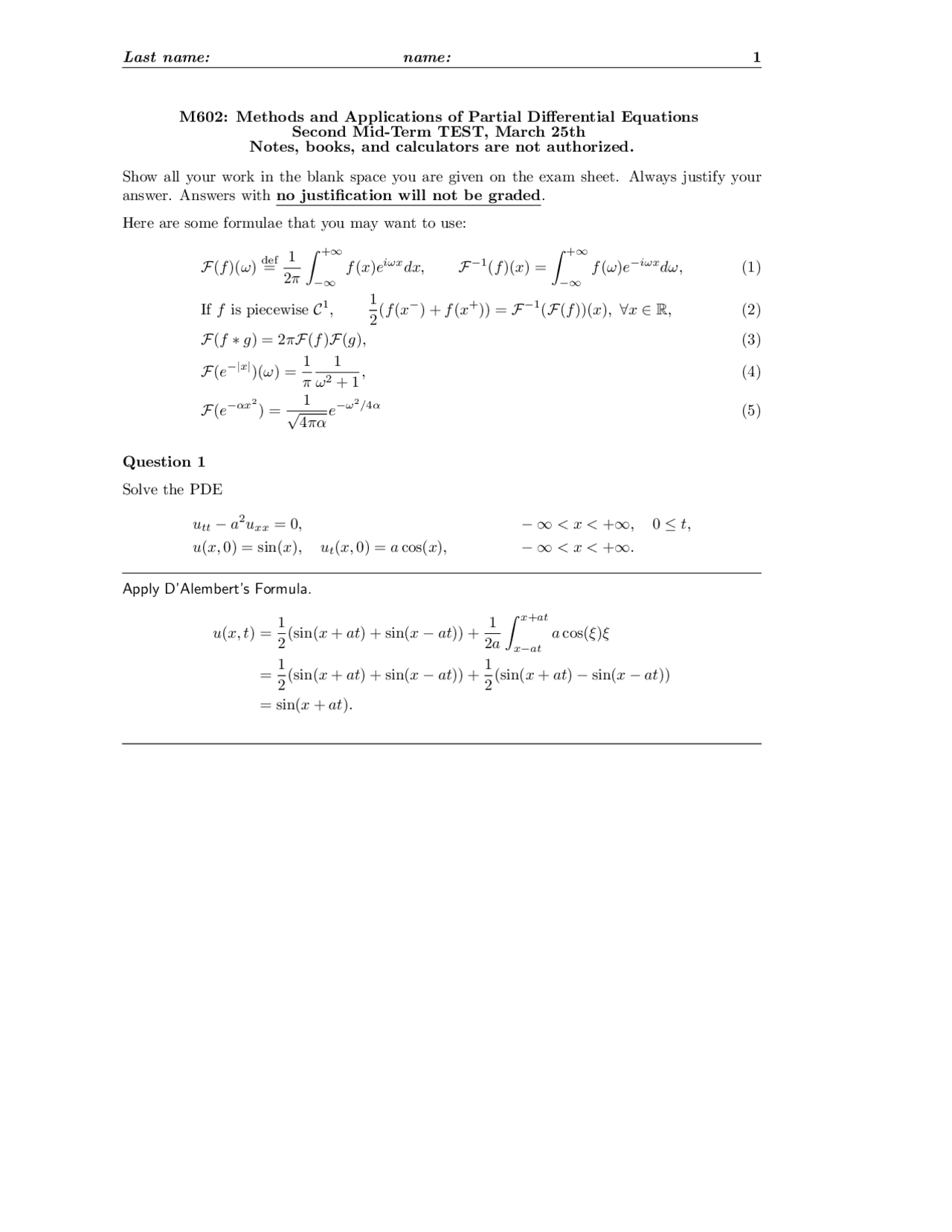 Midterm Test 2 With Solutions Partial Differential Equations Math