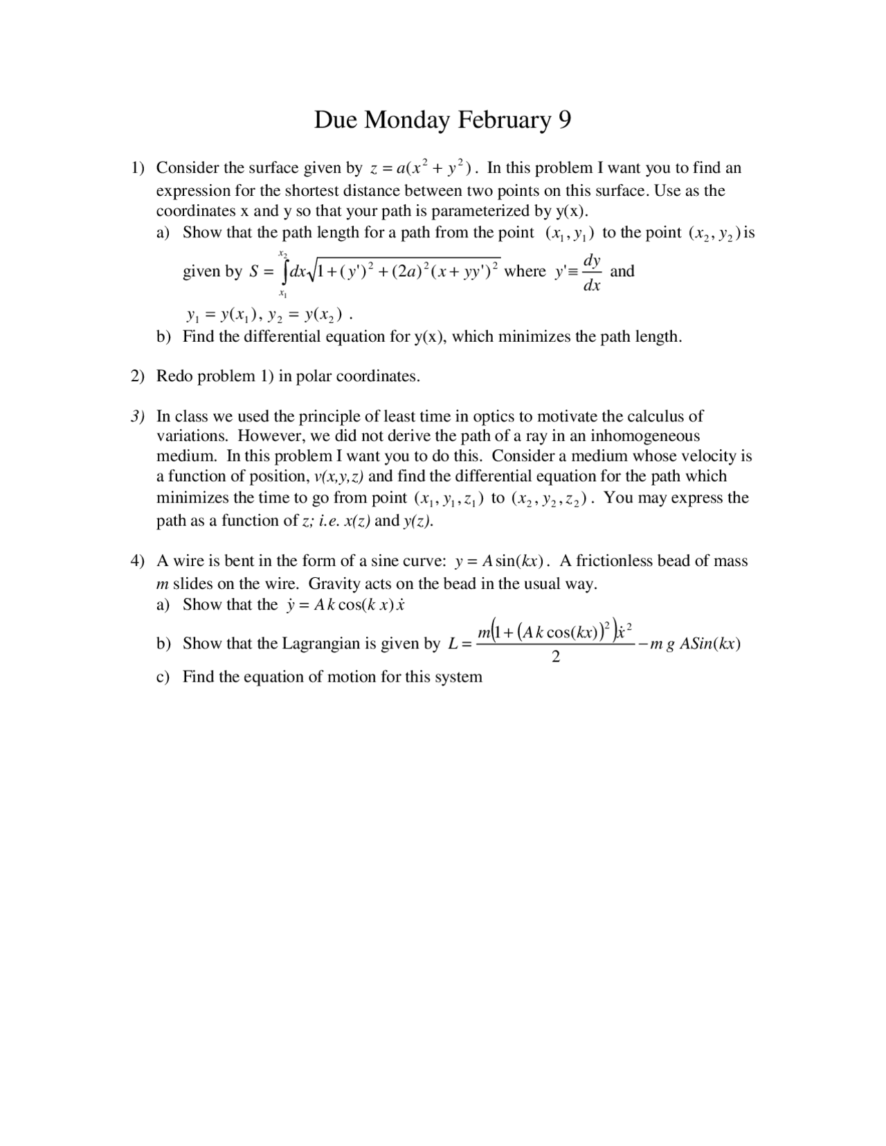 Assignment Questions only - Classical Mechanics | PHYS 410 - Docsity