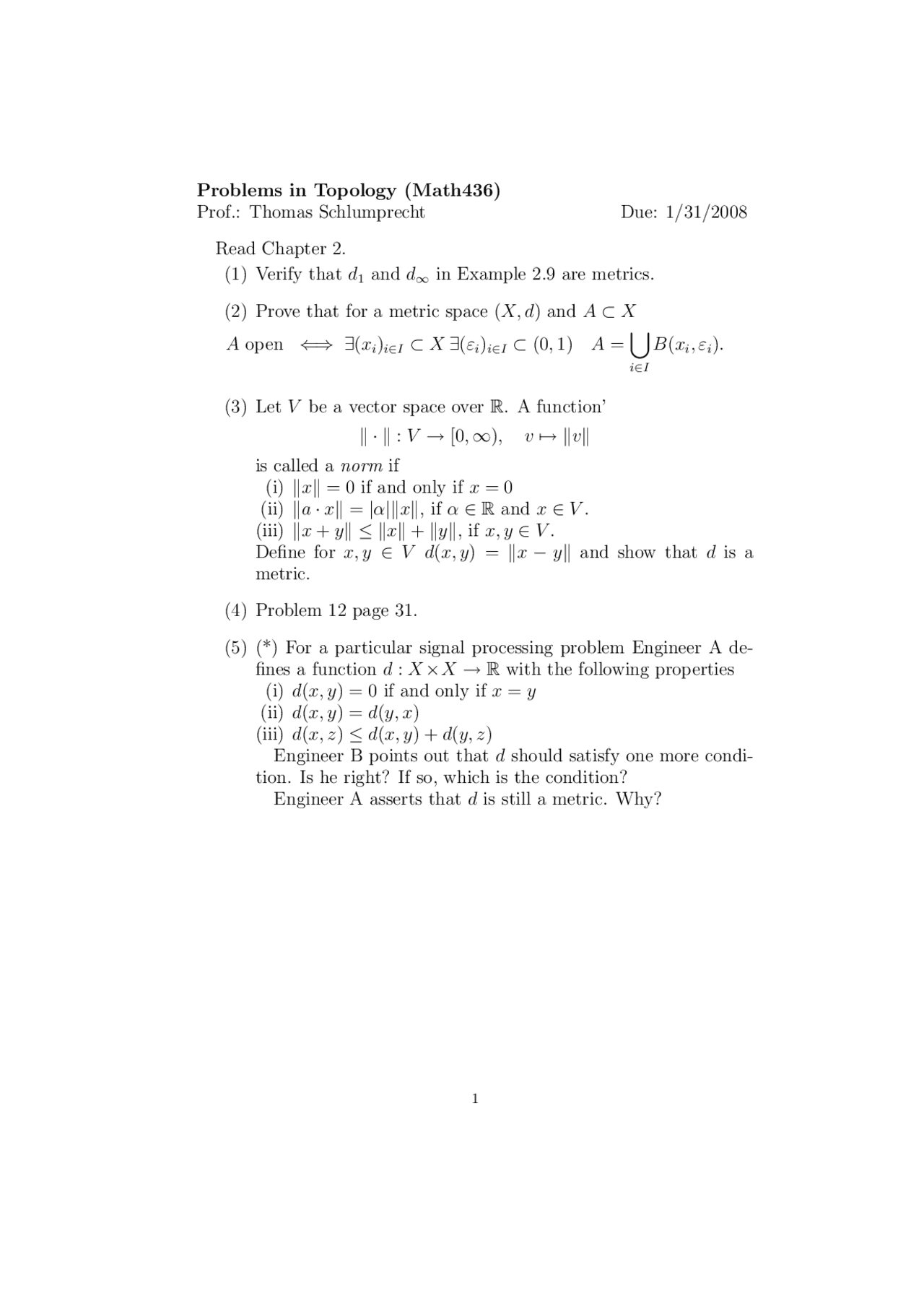 Vector Space And Metric Space Assignment 2 Math 436 Docsity