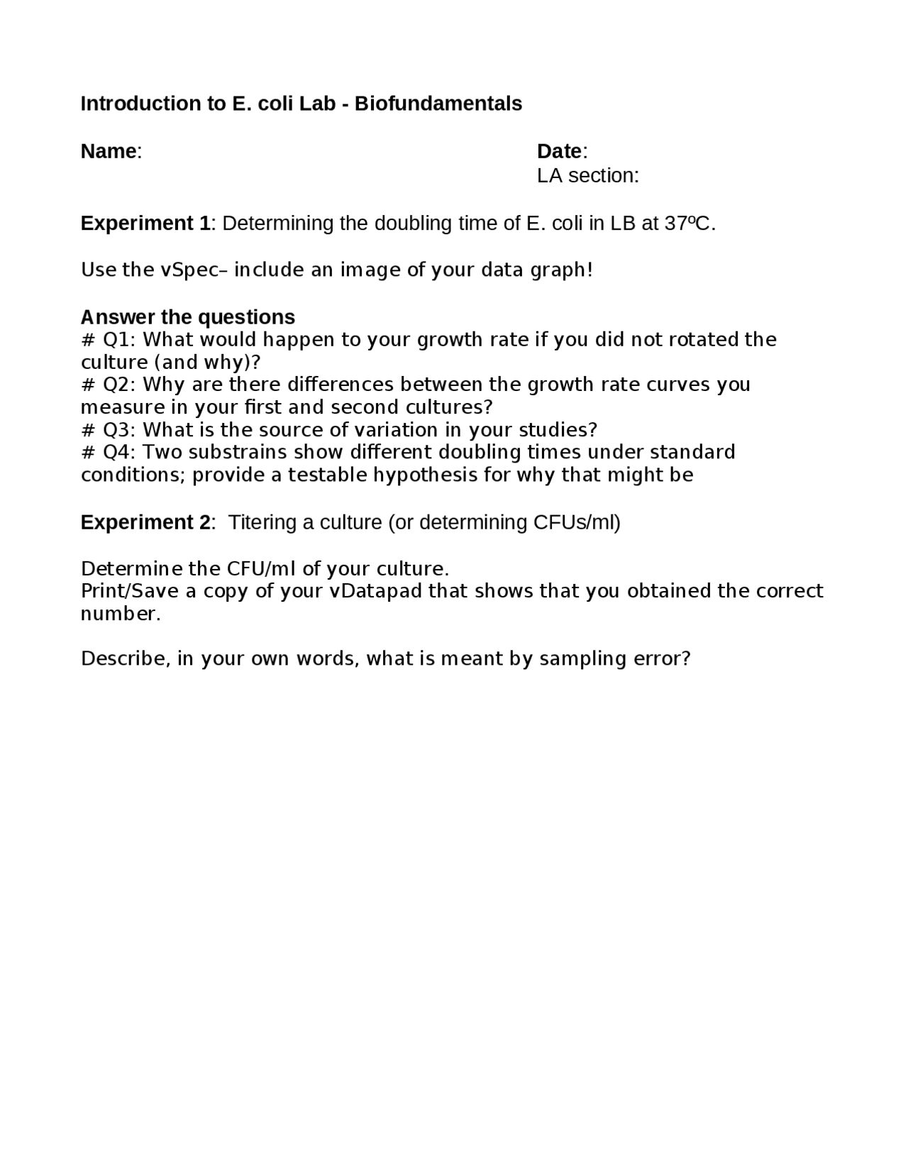 Introduction to E.Coli Lab - Biofundamentals | MCDB 1111 - Docsity