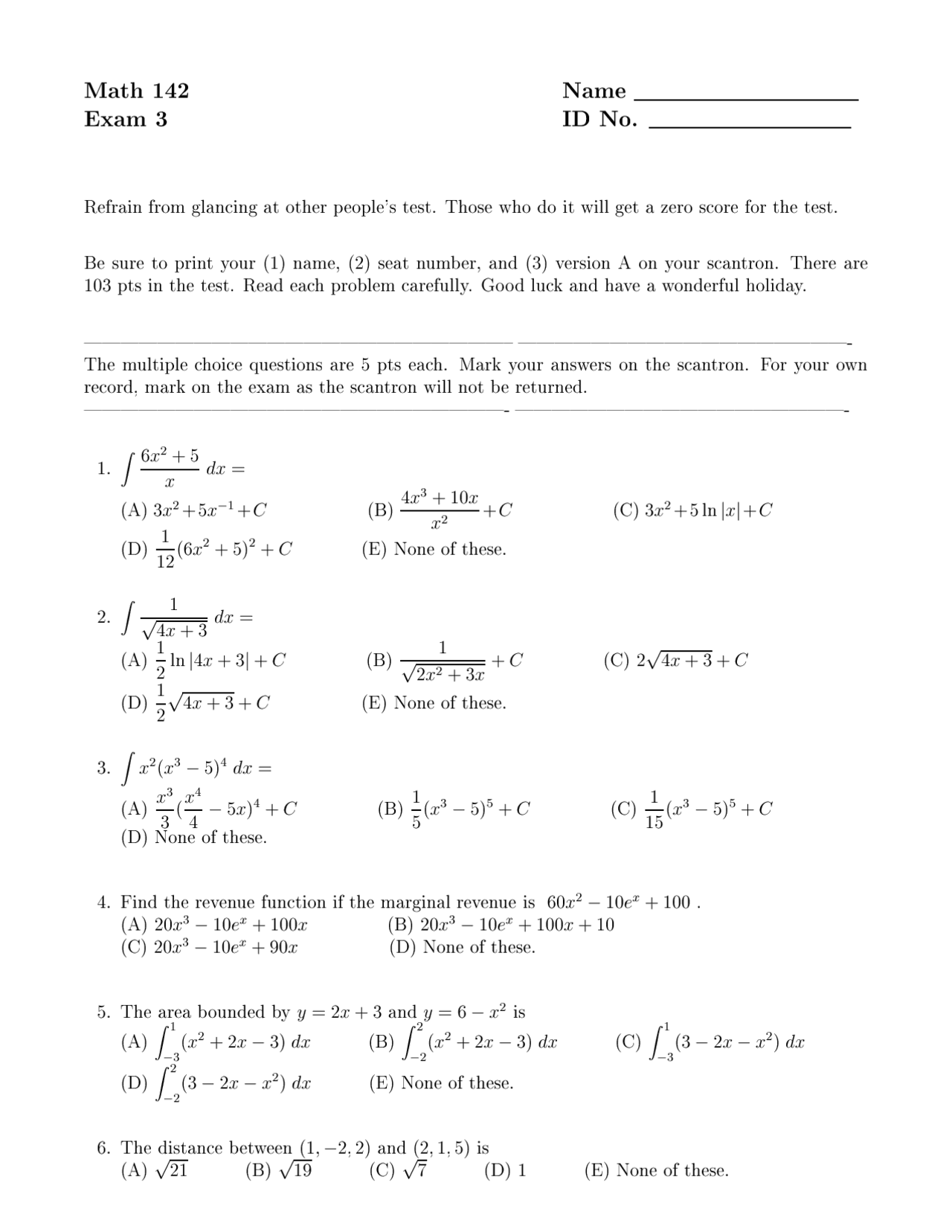 Exam 3 For Business Mathematics Ii Math 142 Docsity