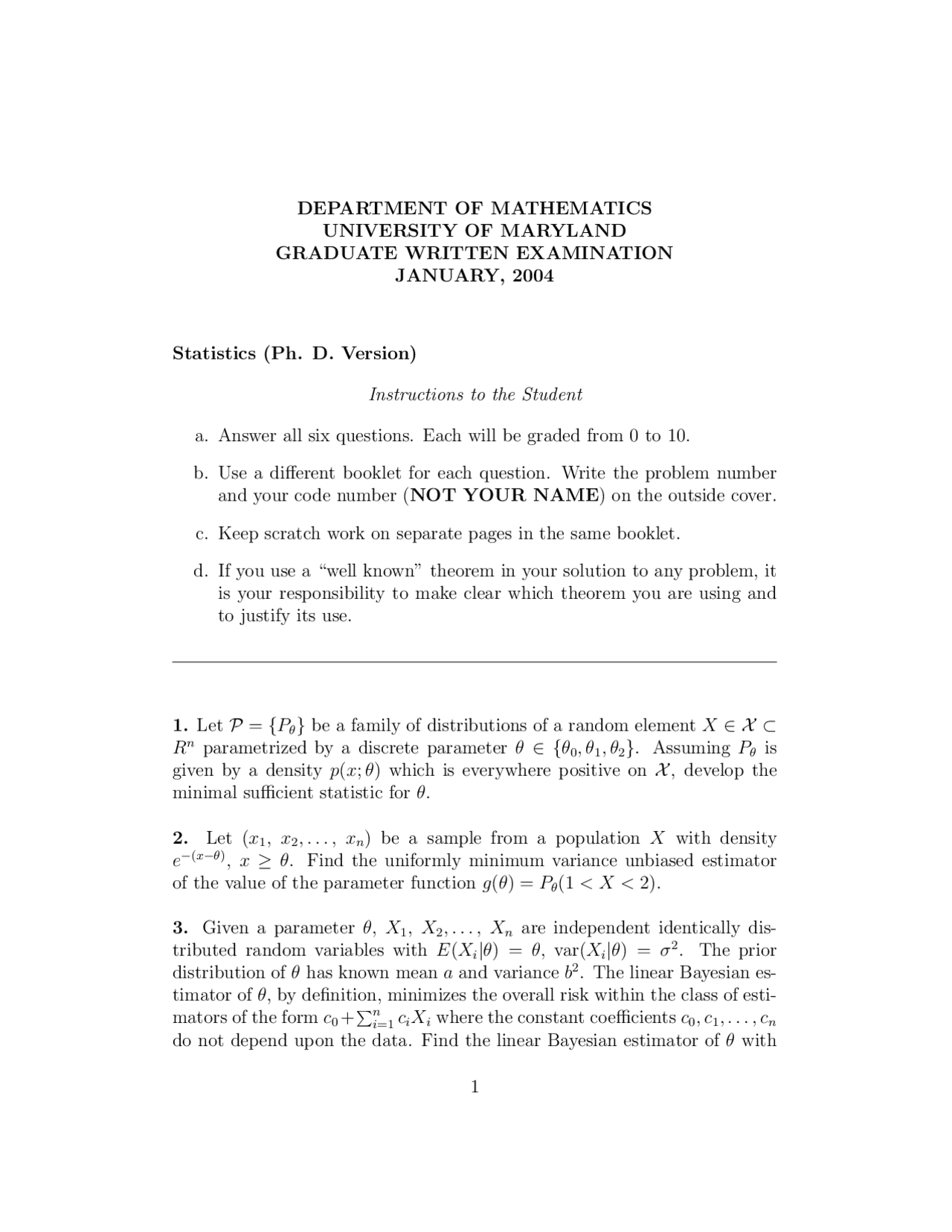 6 Questions In Examination Mathematics Statistics I Stat 700 Docsity