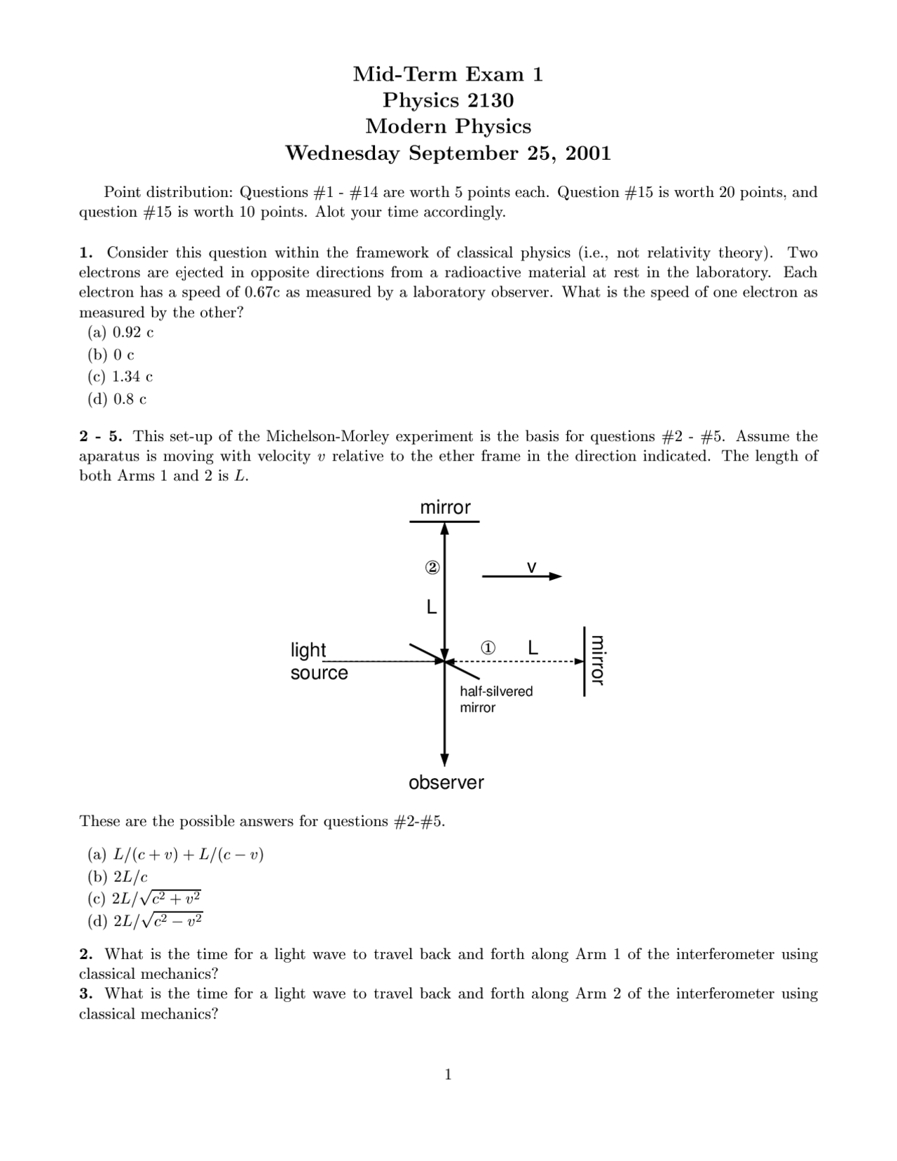 Modern Physics Midterm Exam 1 Phys 2130 Docsity