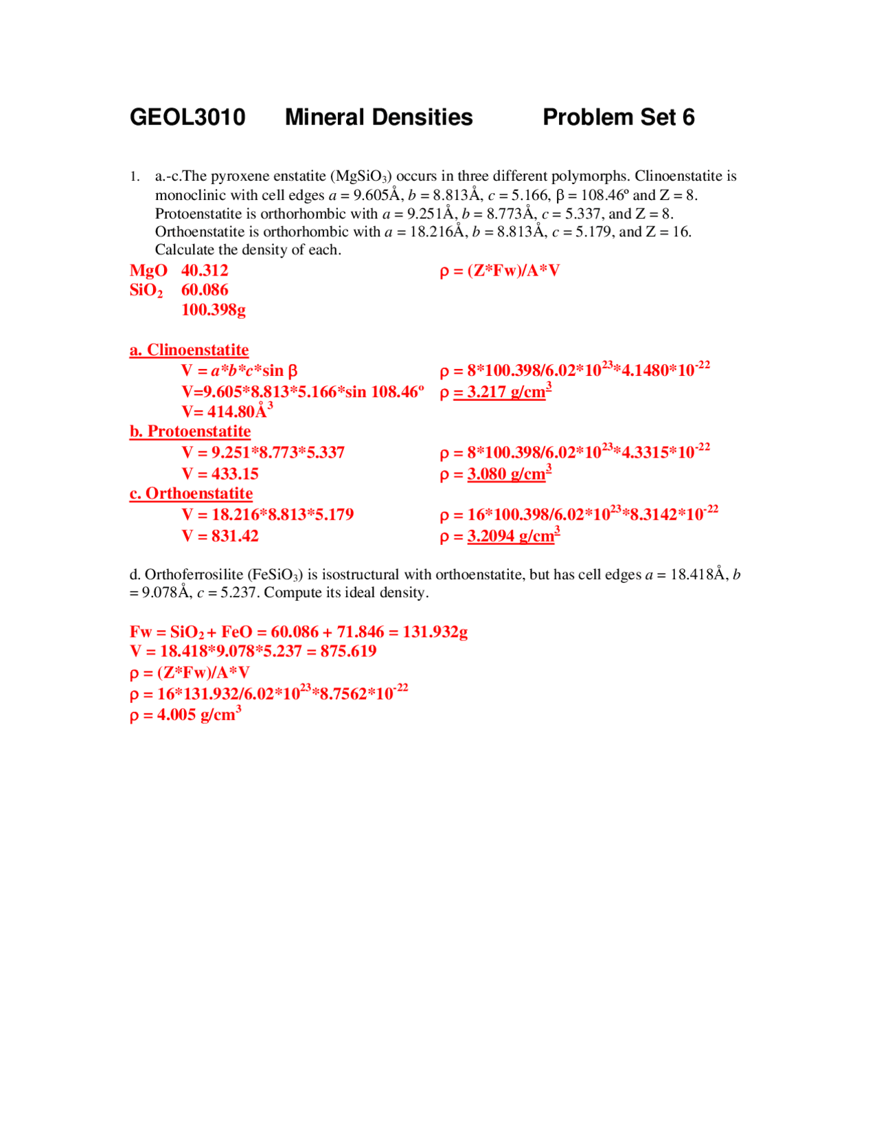 Solutions To Problem Set 6 Introduction To Mineralogy Geol 3010
