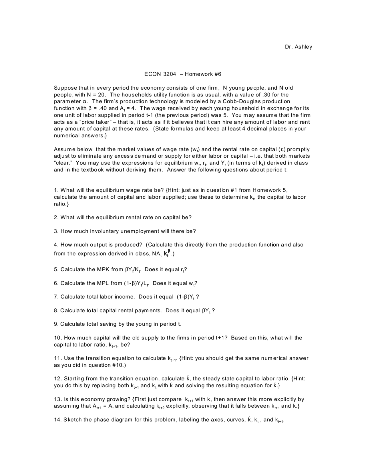 Homework 6 Macroeconomic Theory Econ 3204 Docsity