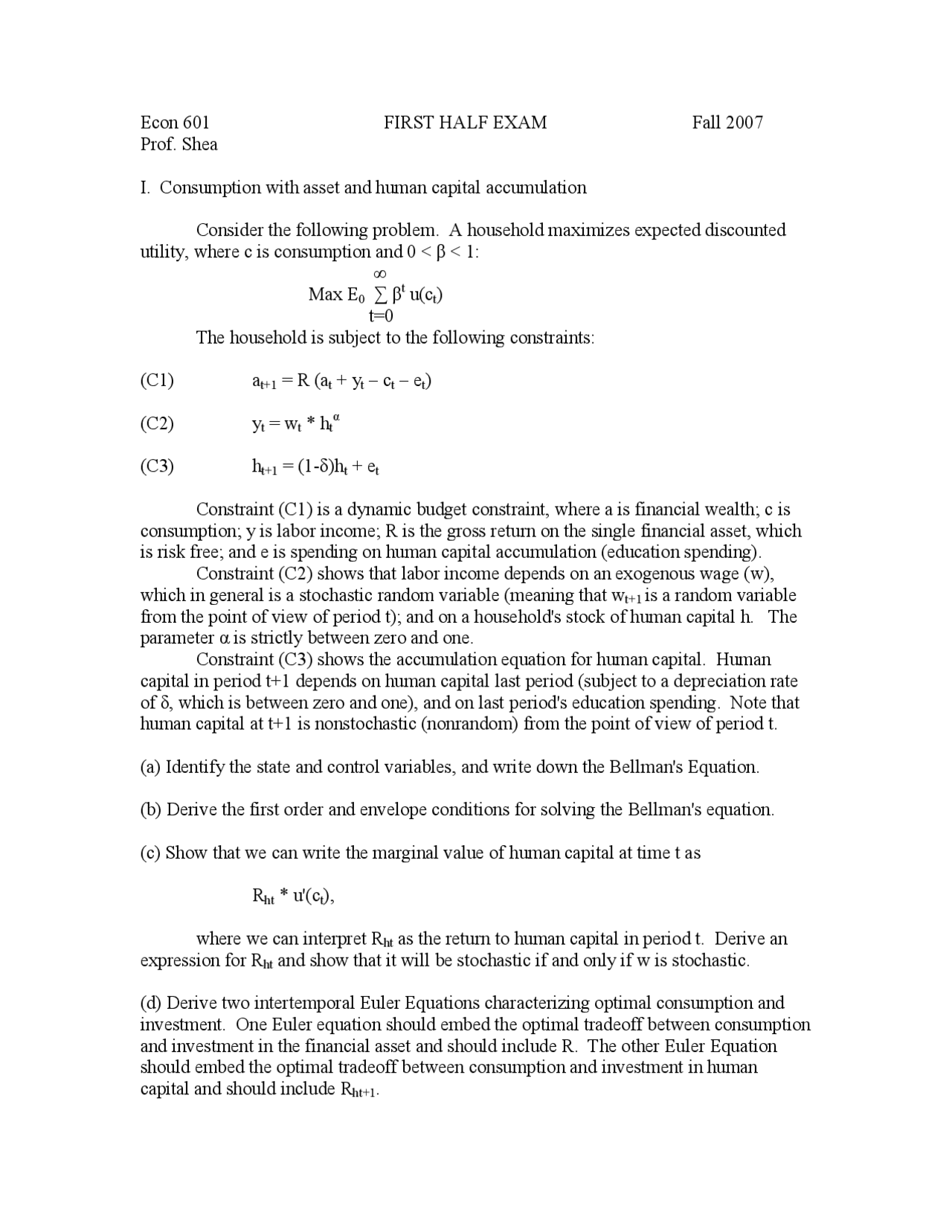 Past Exam Questions For Macroeconomics Analysis I Econ 601 Exams
