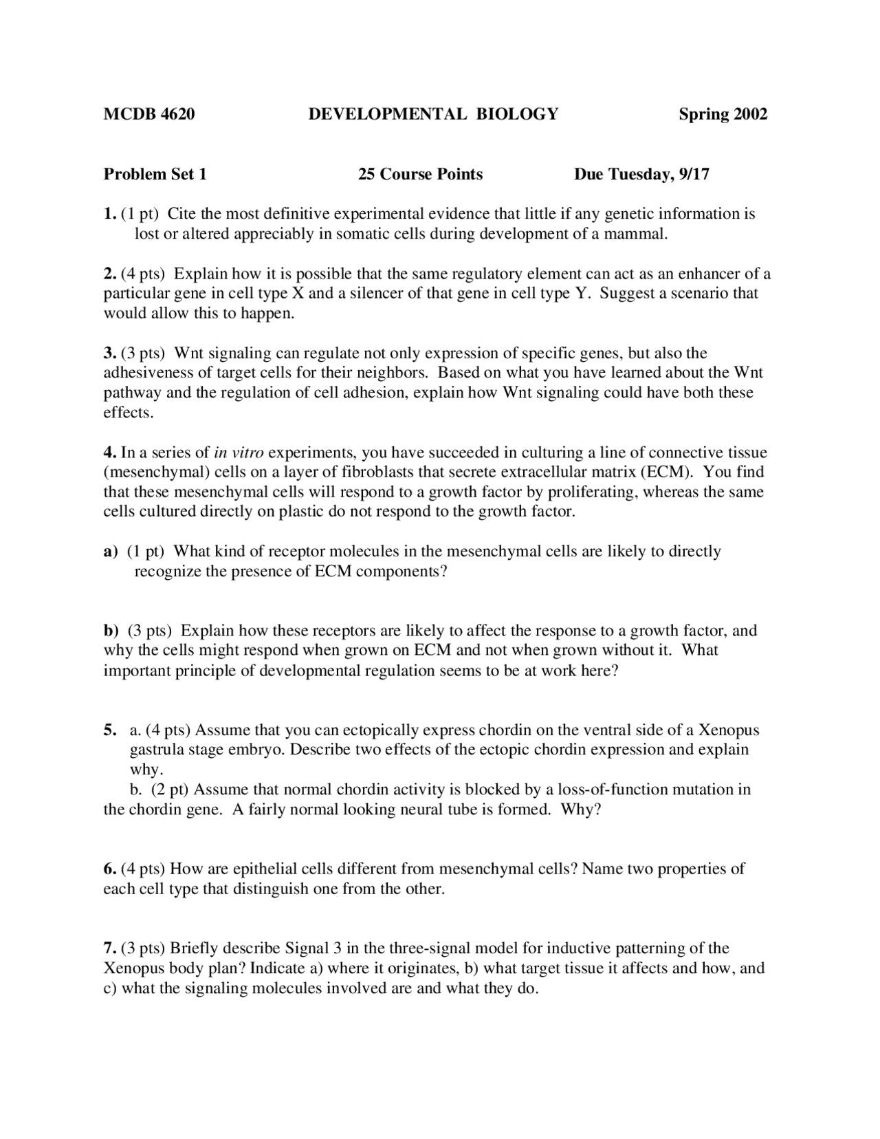 Problem Set 1 Development Biology Spring 2002 Mcdb 4650 Docsity